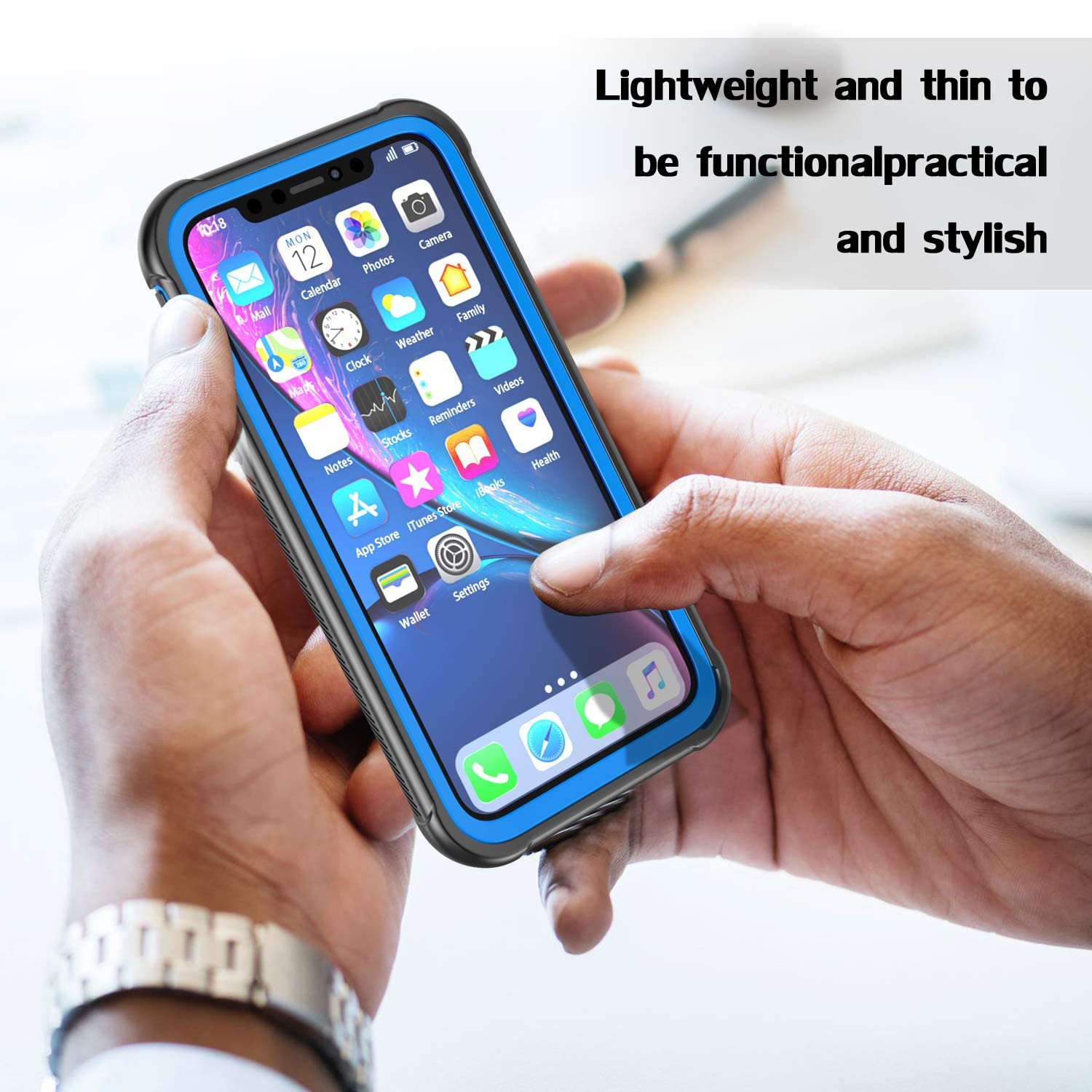 ImpactStrong Clear Case for iPhone XR, Ultra Protective with Built-in Clear Screen Protector Transparent Full Body Cover (Blue)