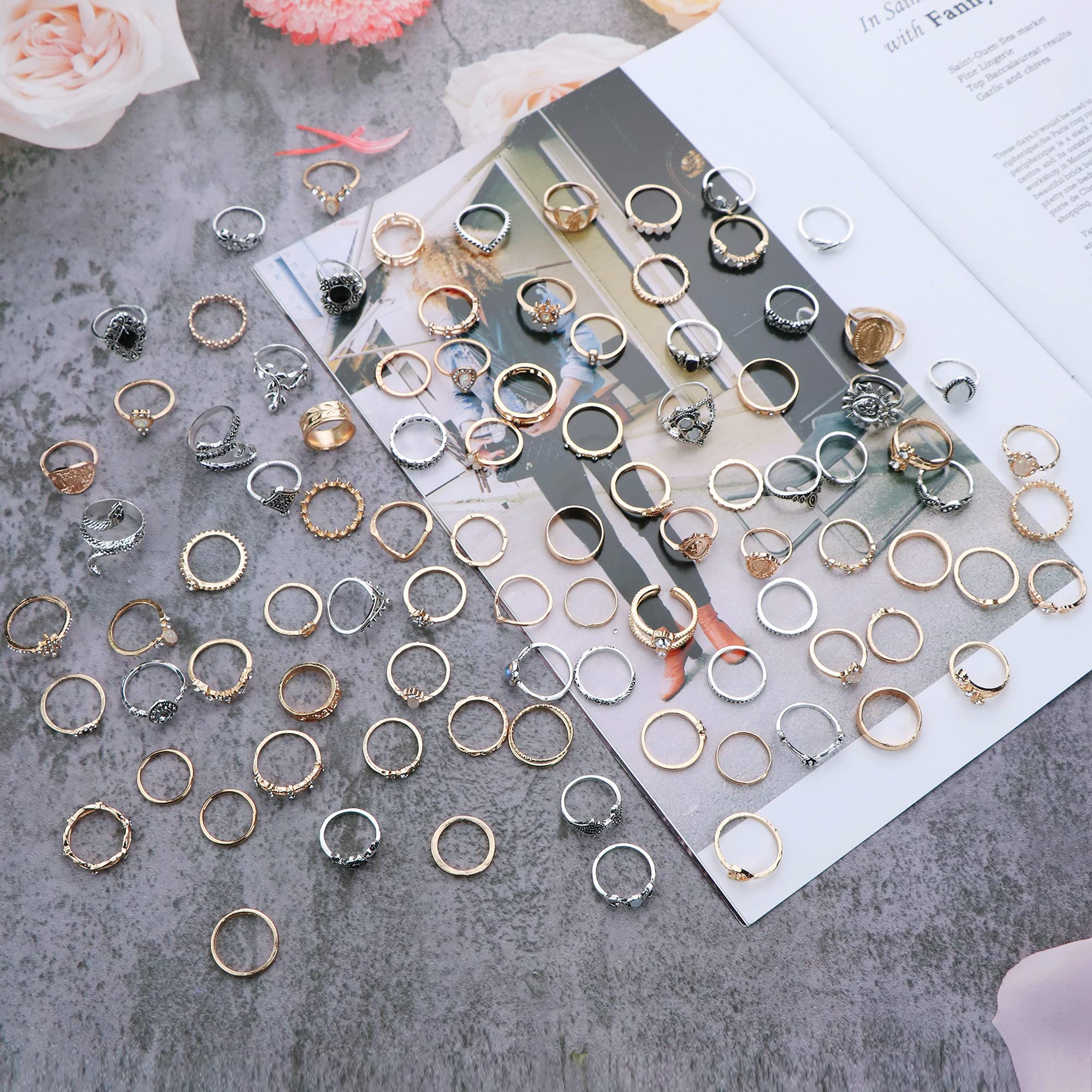 JOERICA 92Pcs Knuckle Rings Set for Women Vintage Boho Aesthetic Rings Pack Stackable Midi Joint Finger Rings Gold and Silver Tone Rings for Women Set