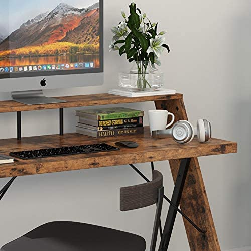 IRONCK Industrial Computer Desk 47", Office Desk with Monitor Shelf, with Thicker Tabletop and Diagonal Wood Legs, Studying Writing Table for Home Office