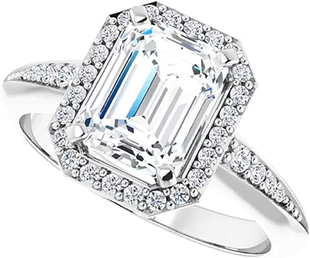 Moissanite World 3.0 Carat Emerald Colorless Moissanite Engagement Ring Wedding/Bridal Ring Set Solitaire Halo Style, Solid Gold Silver Vintage Antique Anniversary Promise Ring (8.5)
