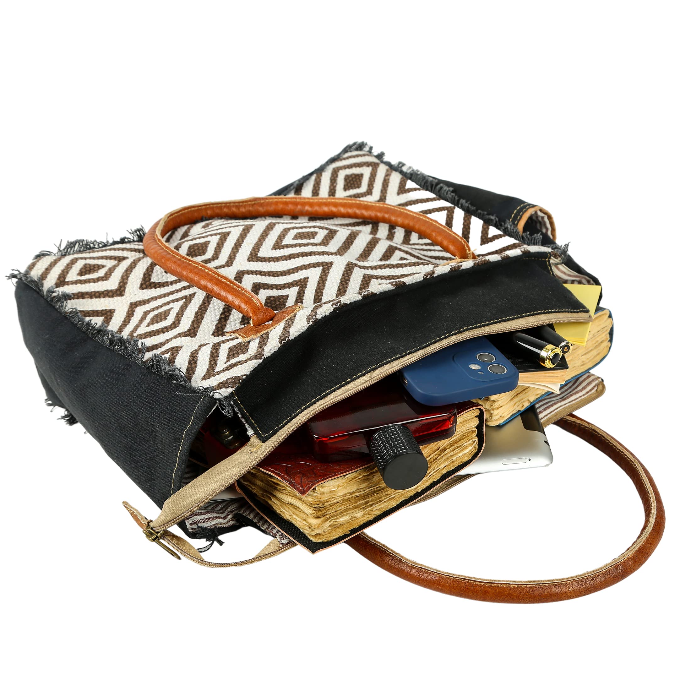 KPL Sel De Mer Upcycled Canvas and leather Hand Bag Cowhide Tote Bag shopping bag carry on leather bag