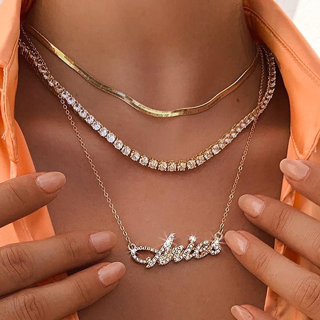 JONKY Layered Rhinestone Pendant Necklace Gold Crystal Aries Necklaces Chain Sparkly Letter Snake Chain Choker Necklace Fashion Constellation Jewelry for Women and Girls
