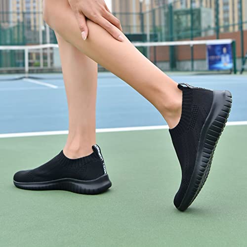 LANCROP Women's Casual Tennis Shoes - Comfortable Knit Gym Walking Slip On Sneakers Wide 11 M US, Label 43 All Black
