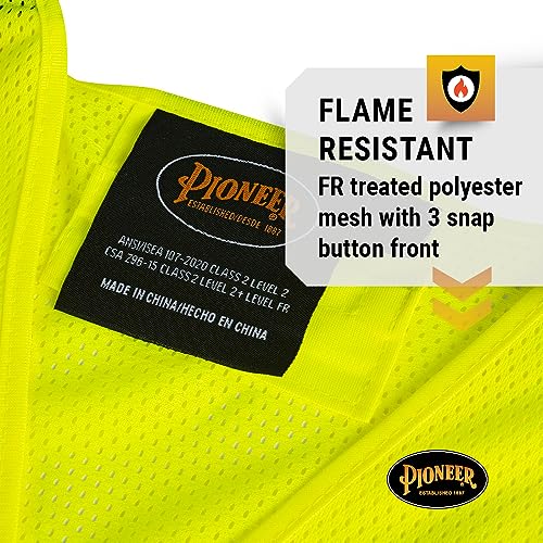 Pioneer High Vis Flame Resistant Vest β For Men and Women - 3 Snap Button Front - Mesh - Reflective Tape - Yellow/Green