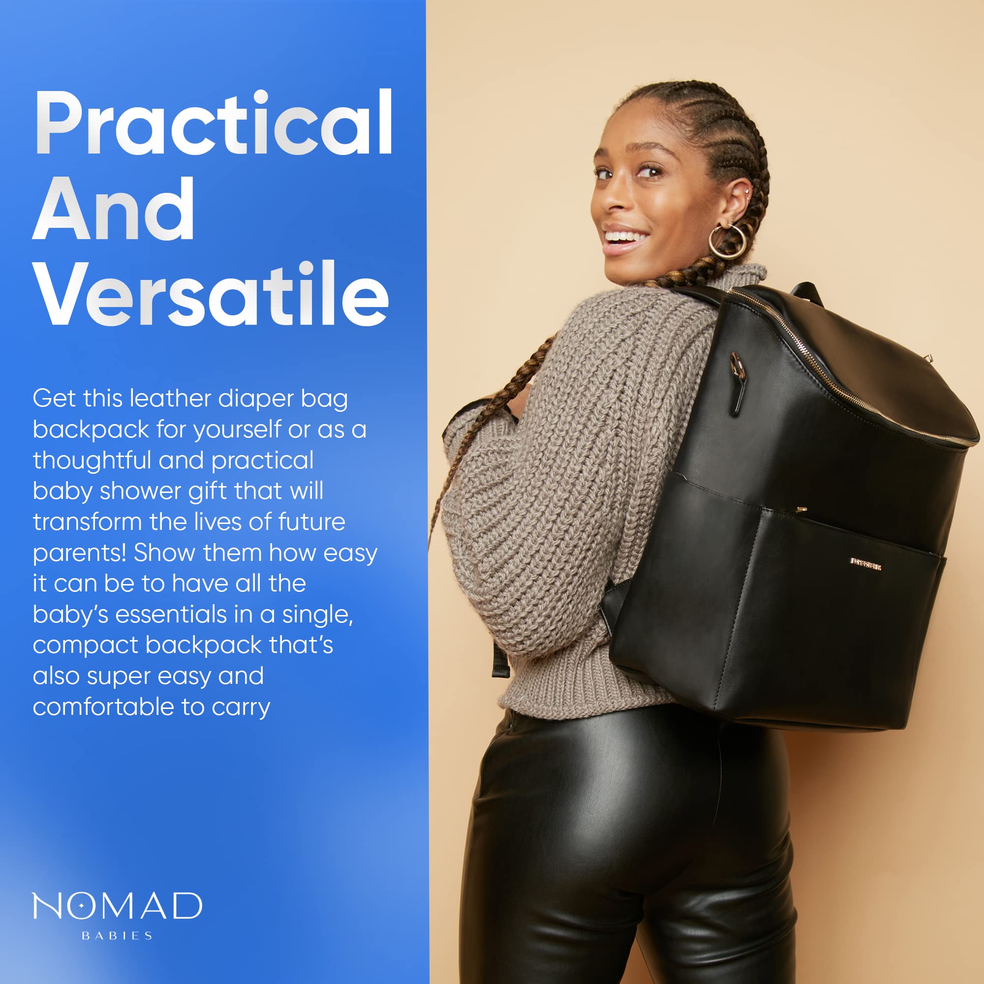 Nomad Babies | Large Leather Designer Diaper Bag Backpack with Insulated Pockets, Dry Clutch Bag, Shoulder Strap, Stroller Straps, and Changing Pad - Black
