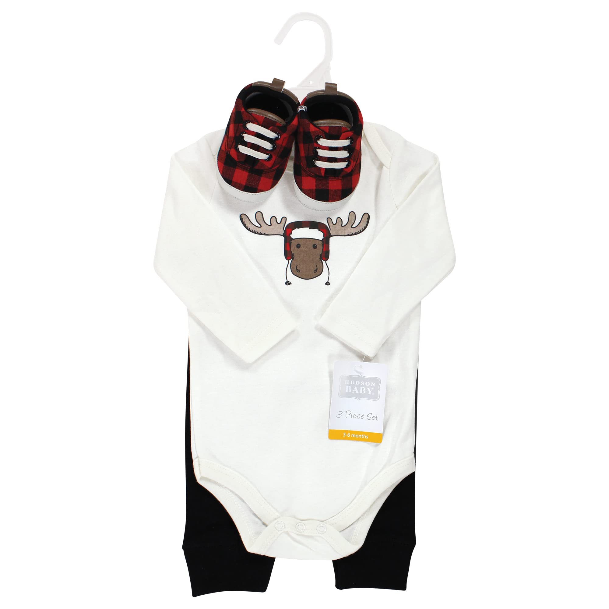 Hudson Baby Baby Cotton Bodysuit, Pant and Shoe Set, Winter Moose, 9-12 Months