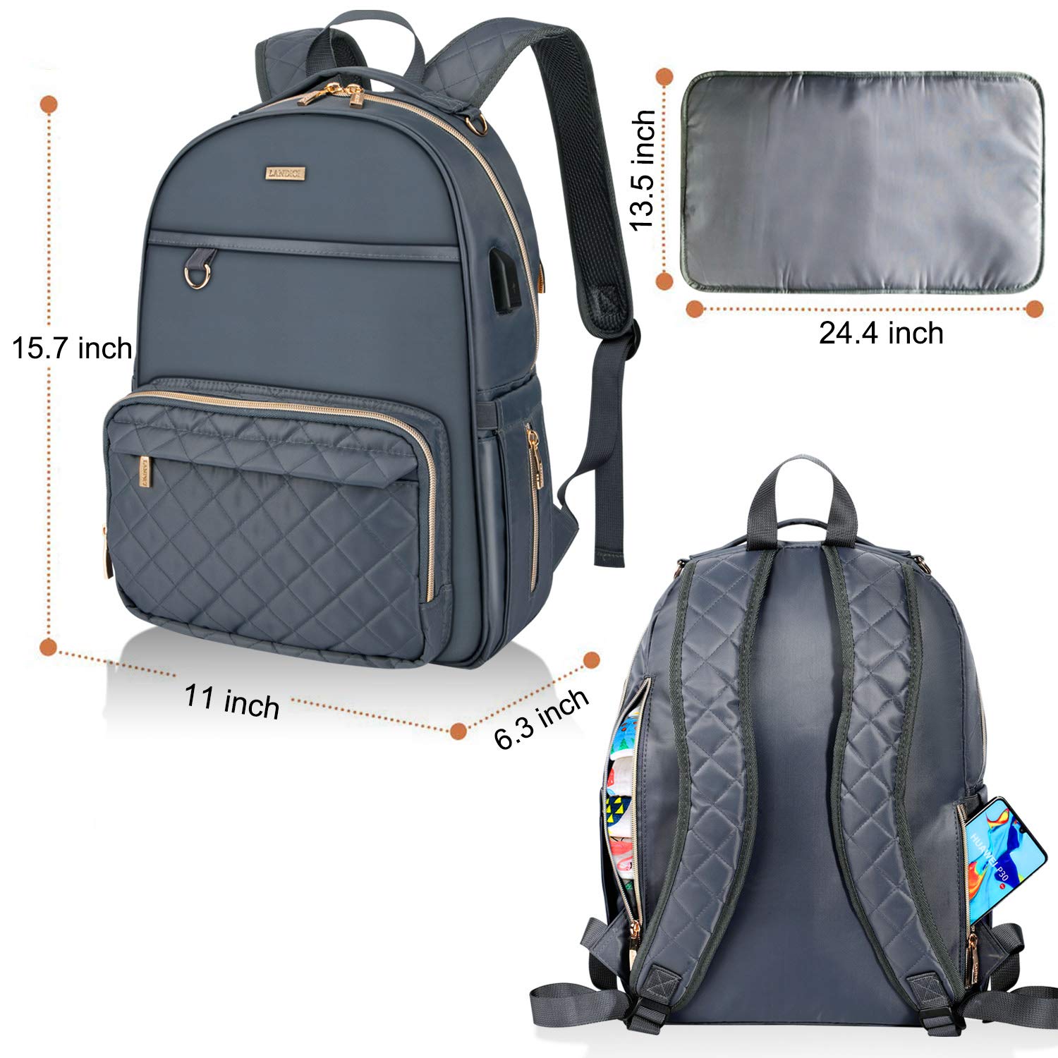 LANDICI Diaper Bag Backpack, Multifunction Travel Back Pack Maternity Baby Changing Bags with Changing Station and USB Charging Port for Mom Dad Boy Girl, Large Capacity, Waterproof, Black
