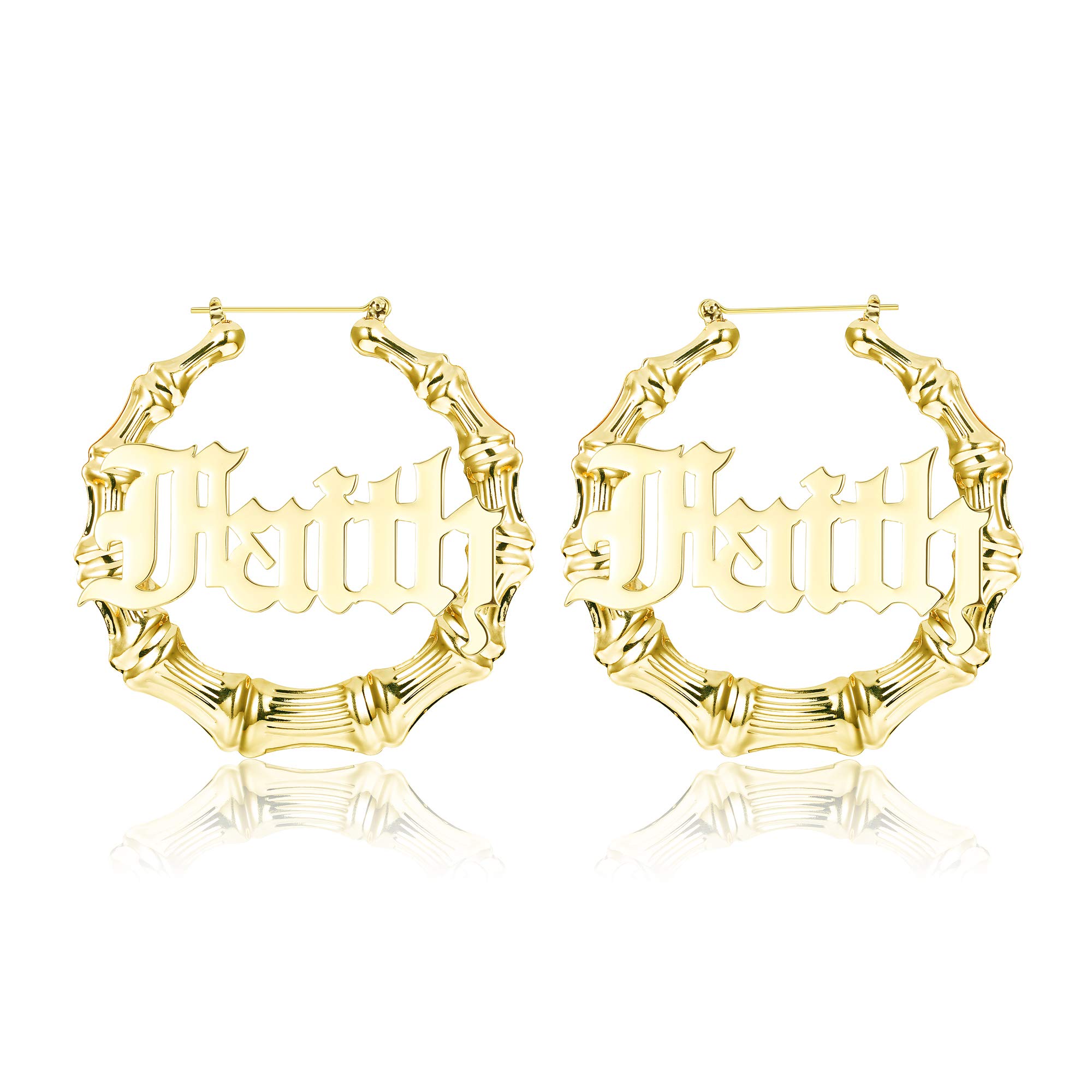 Jewenova Name Earrings Personalized Custom Bamboo Hoop Earrings 18K Gold Plated Big Hoop Earrings Custmized Jewelry for Women Mom Grandma