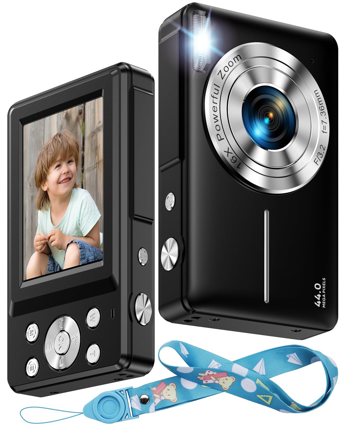 Kids Digital Camera with Lanyard, 1080P Digital Point and Shoot Camera 44MP Vlogging Camera, Anti-Shake with 16X Zoom, Small Camera for Students