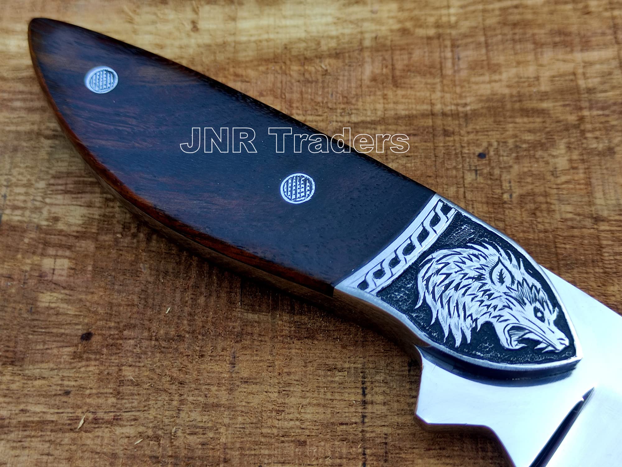 JNR Traders Handmade Hunting Knife With Sheath Mirror Polished D2 Steel 4 Inch Blade Engraved Deocrative Wood Handle 3749