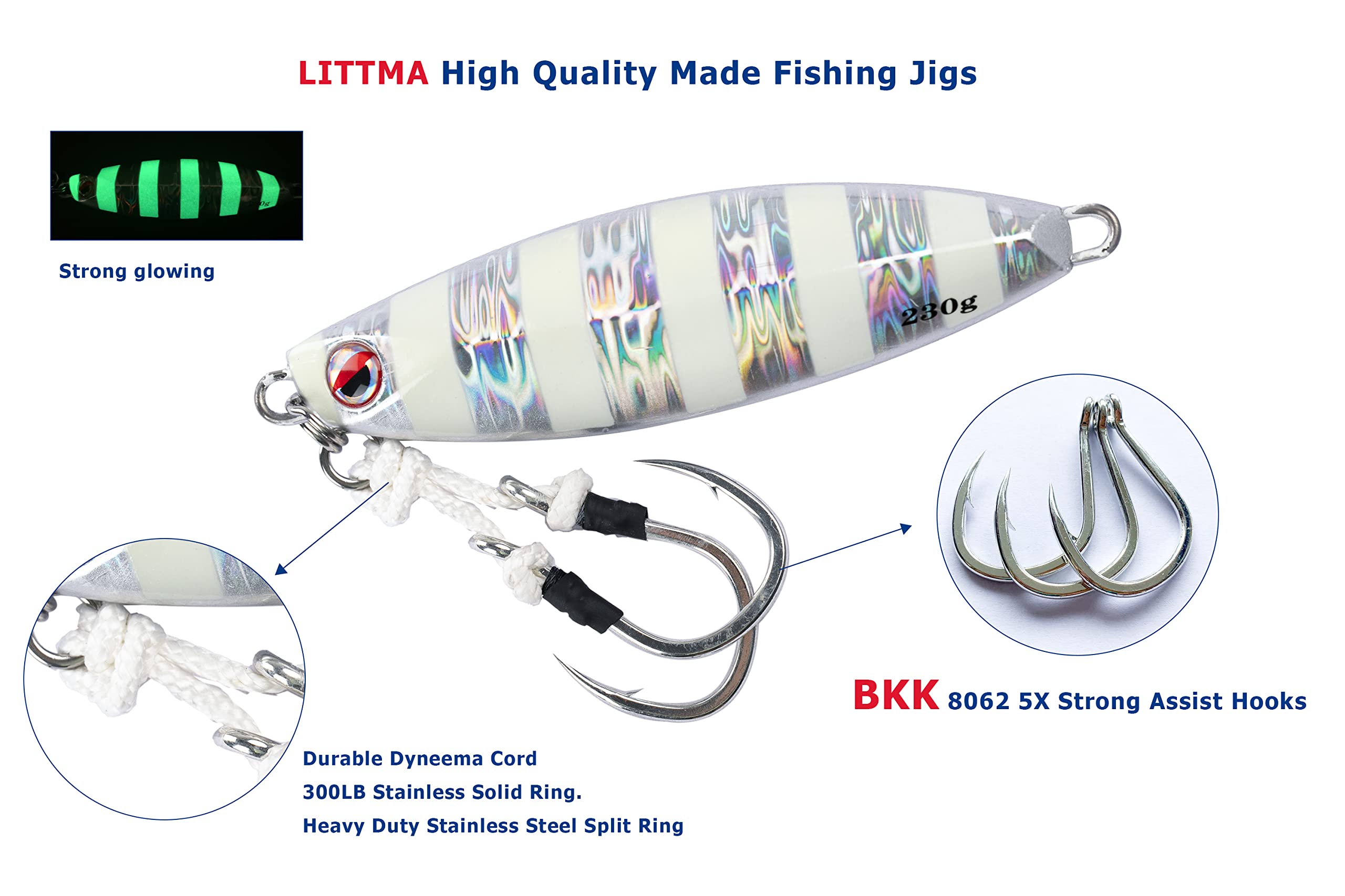 LITTMA Slow Pitch Jigs 160g 230g Flat Fall Jig Slow jigging Speed Jigging Metal Jigs with Assist Hooks Flatfall Jigs Color Glow