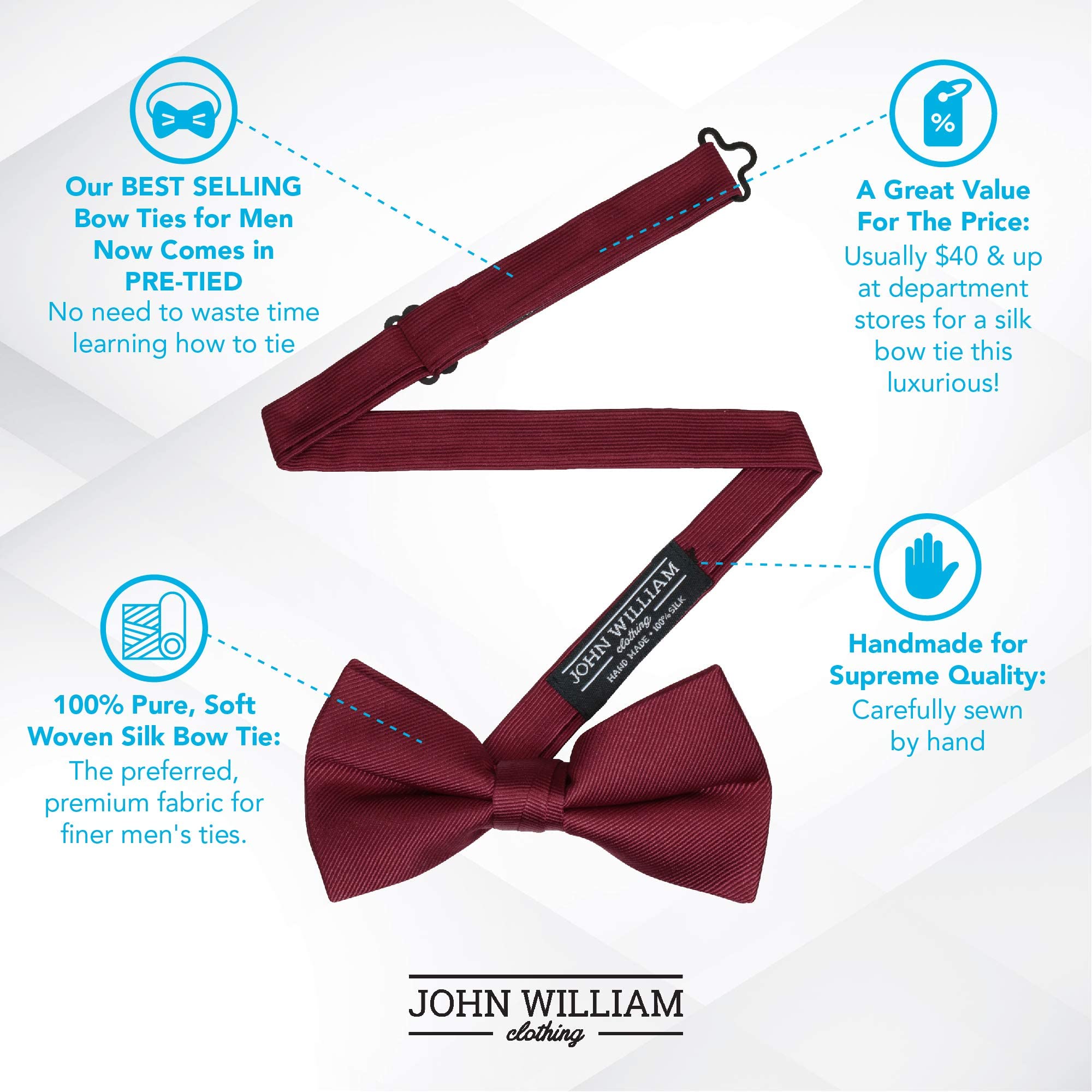 John William Clothing 100% Silk Mens Bowtie Pre Tied Bow Ties for Men Tuxedo Bow Tie by - Black