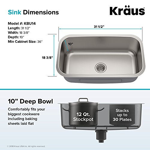 KRAUS Premier 31 ½-inch 16 Gauge Undermount Single Bowl Stainless Steel Kitchen Sink with WasteGuard™ Continuous Feed Garbage Disposal, KBU14-100-75MB
