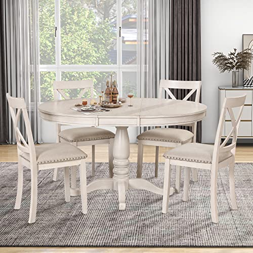 VilroCaz Modern Dining Table Set for 4, Expandable 42'' Round Dining Table and 4 Upholstered Chairs, Solid Wood 5 Piece Kitchen Dining Room Table Set, Home Family Breakfast Set (Antique White-R)