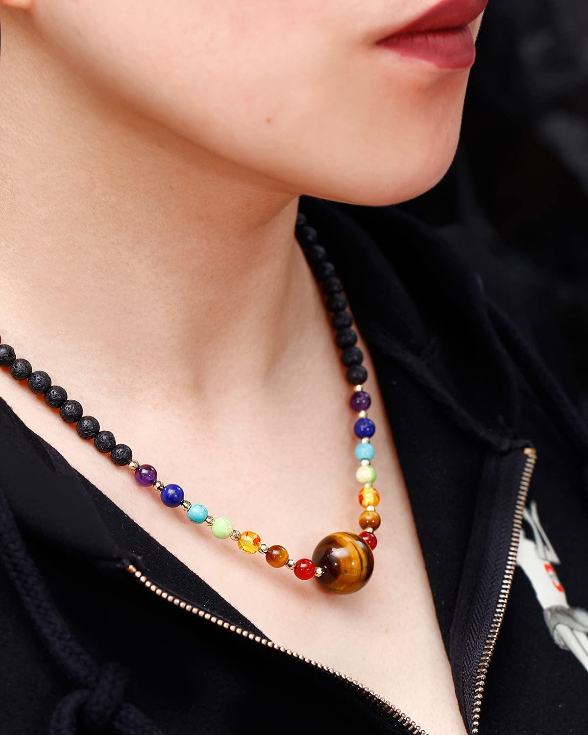 Jewever 7 Chakra Crystal Necklaces Healing Gem Stone Pendant Choker Necklace for Women Tiger Eye with Lava Rock Essential Oils Diffuser Energy Crystals Adjustable Strand(Yellow)