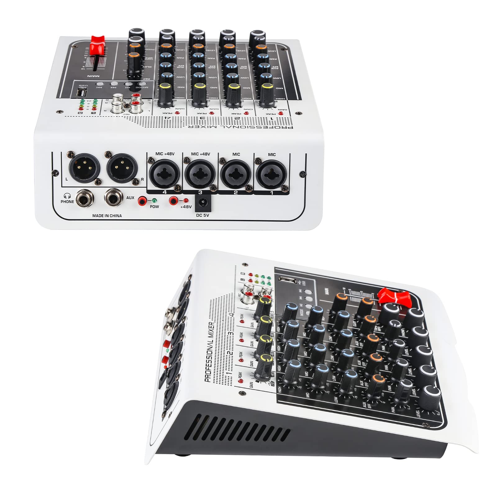 Mixers Audio 4 Channel Mixer, Dj Mixer Board Mixer Audio Bluetooth MP3 Mini Mixer for Music With 48V Phantom Power Stereo FX Analog Digital Effects, Usb Audio Mixer for Karaoke Speakers