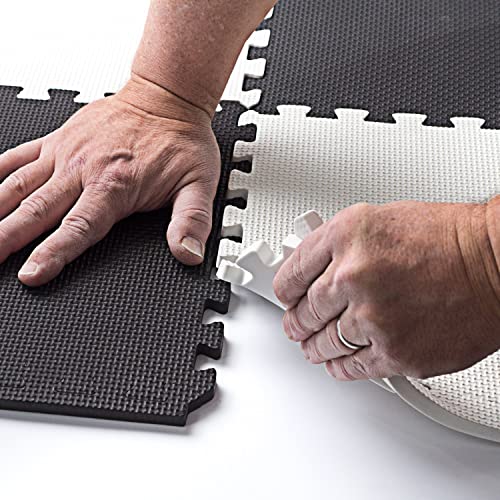 Interlocking Floor Tiles, EVA Foam Puzzle Mat with Borders - Black and White, 16 SQ. FT (16 Tiles) (Black & White)