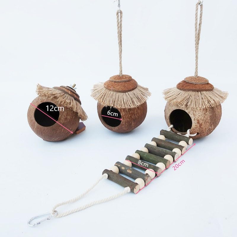 Joayuezo Gecko Coconut Husk Hut Bird Cage Hamster Cage Hanging Natural Coco Shell Hut Hide Toy for Gecko, Reptiles, Amphibians and Small Animals (B)