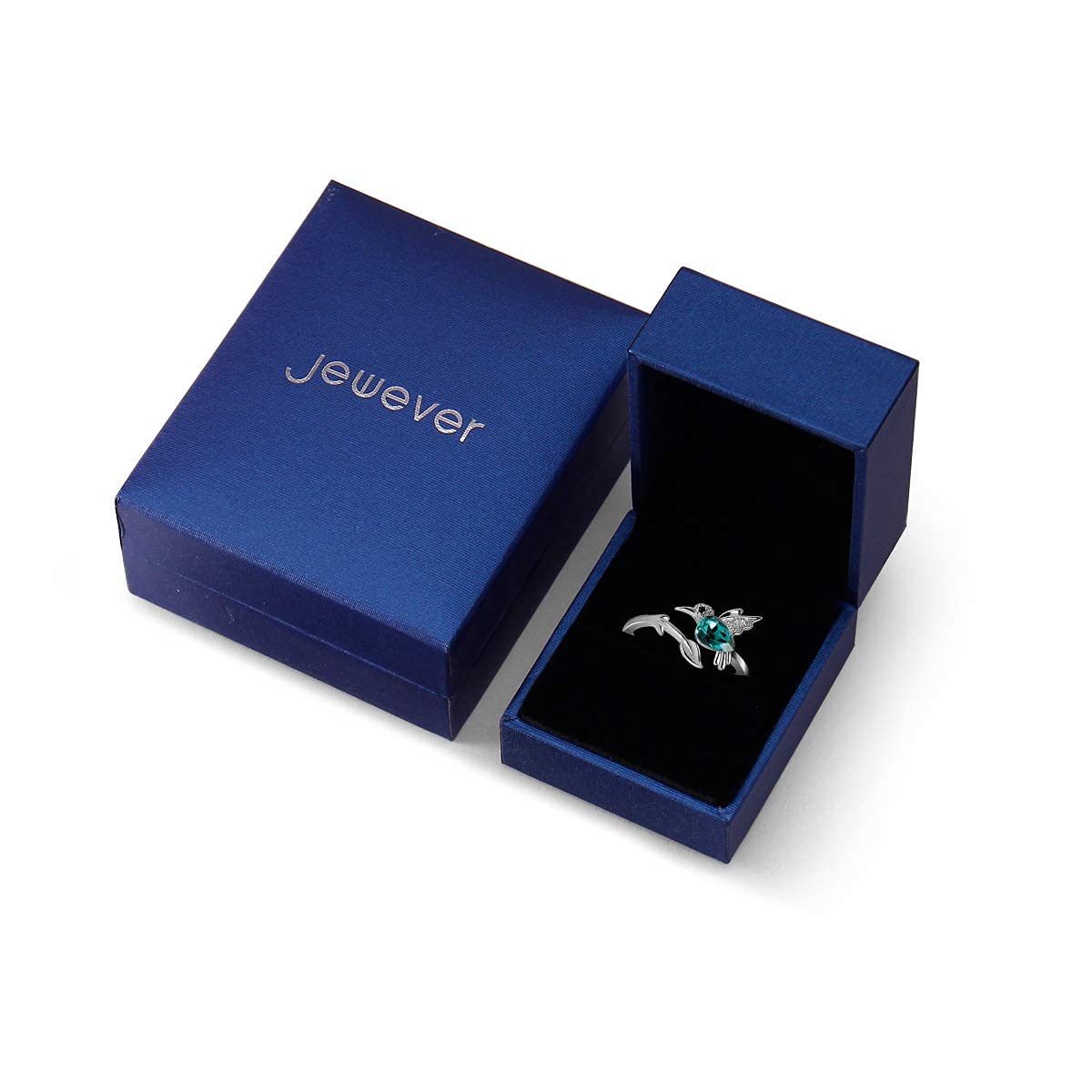 Jewever 925 Sterling Silver Hummingbird ring with Blue Cubic Zirconia for Women Jewelry Gift Silvery Adjustable 6-9#