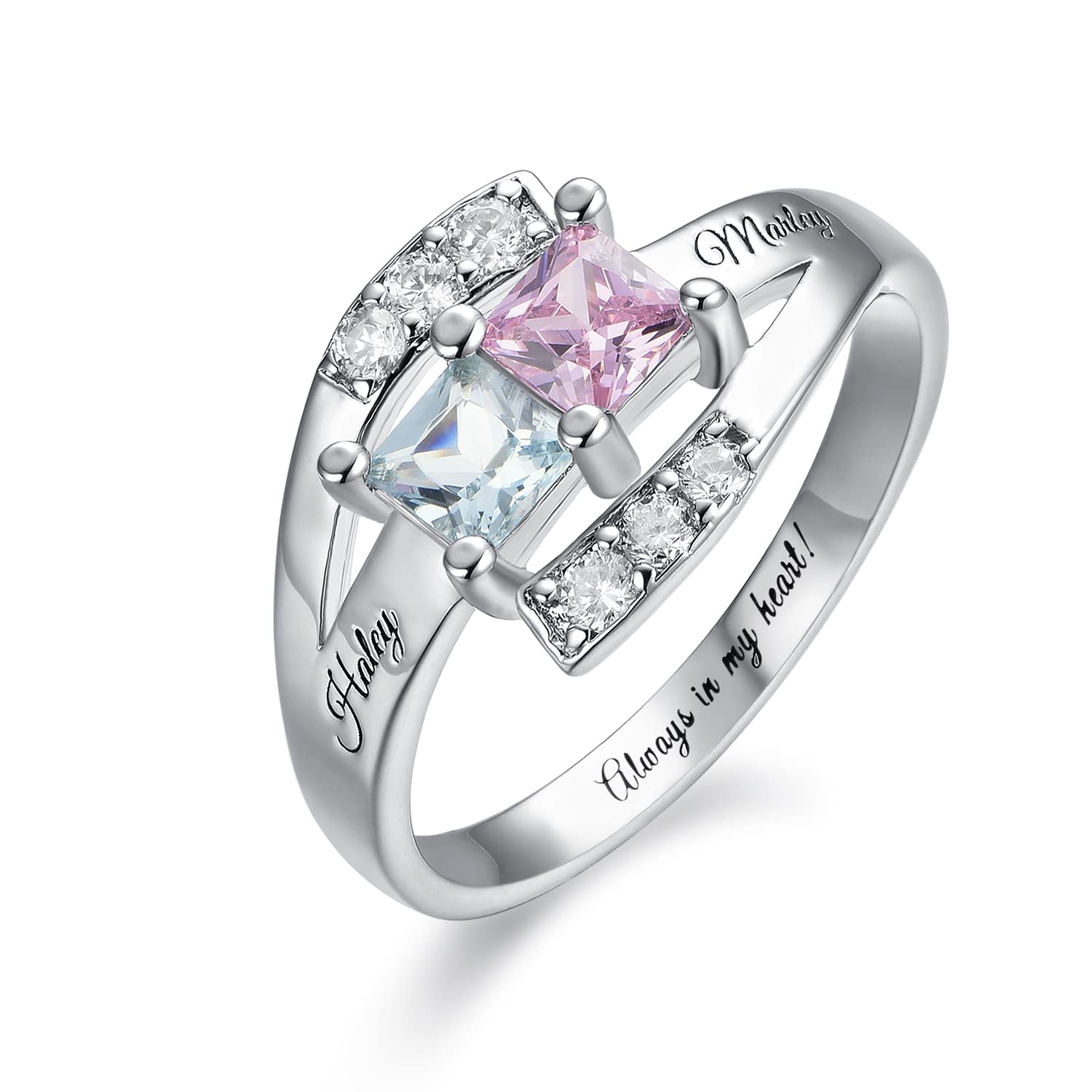 Laleonpame Personalized Mothers Ring with 2 Princess-Cut Birthstones Custom Engraved Names Engagement Rings for Women