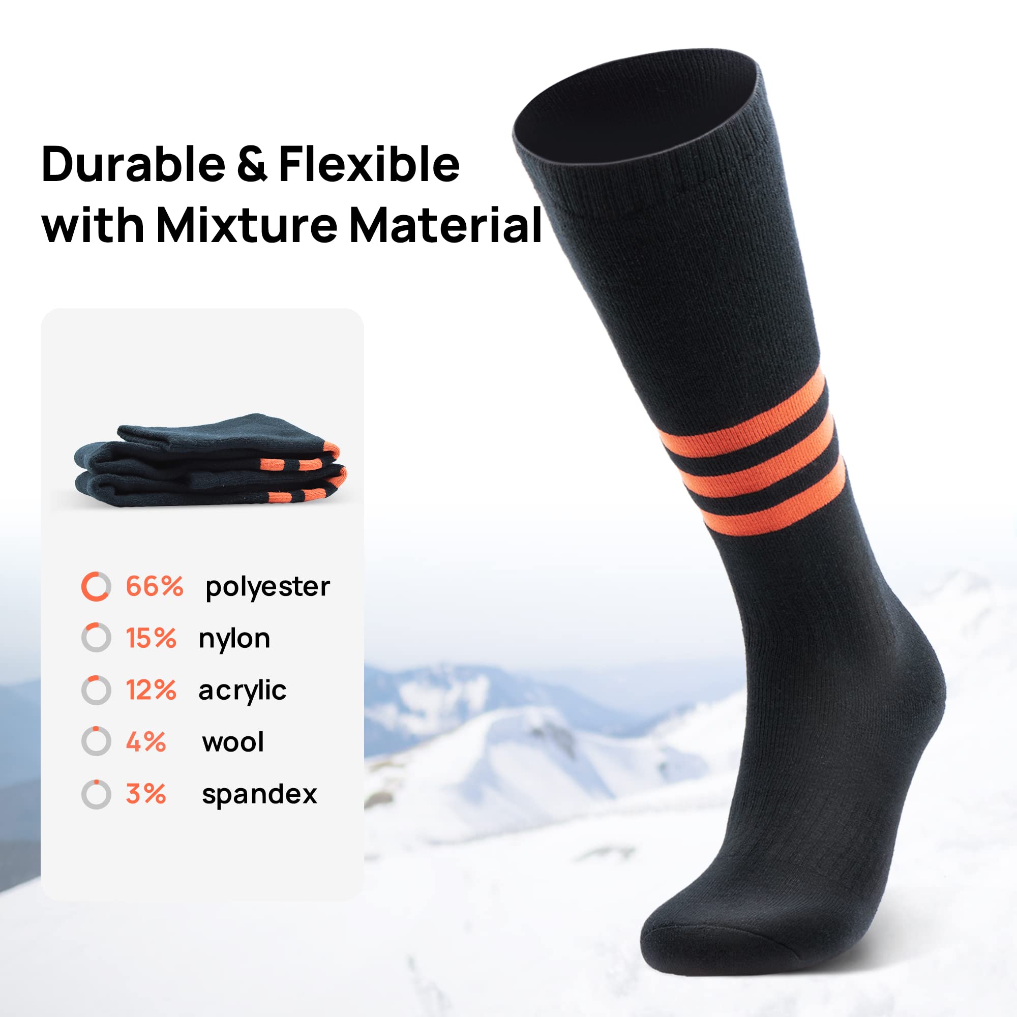 MARYSTI Winter Ski Socks, 1 Pair, for Skiing, Snowboarding, Outdoor Sports Socks - Black & Orange XL