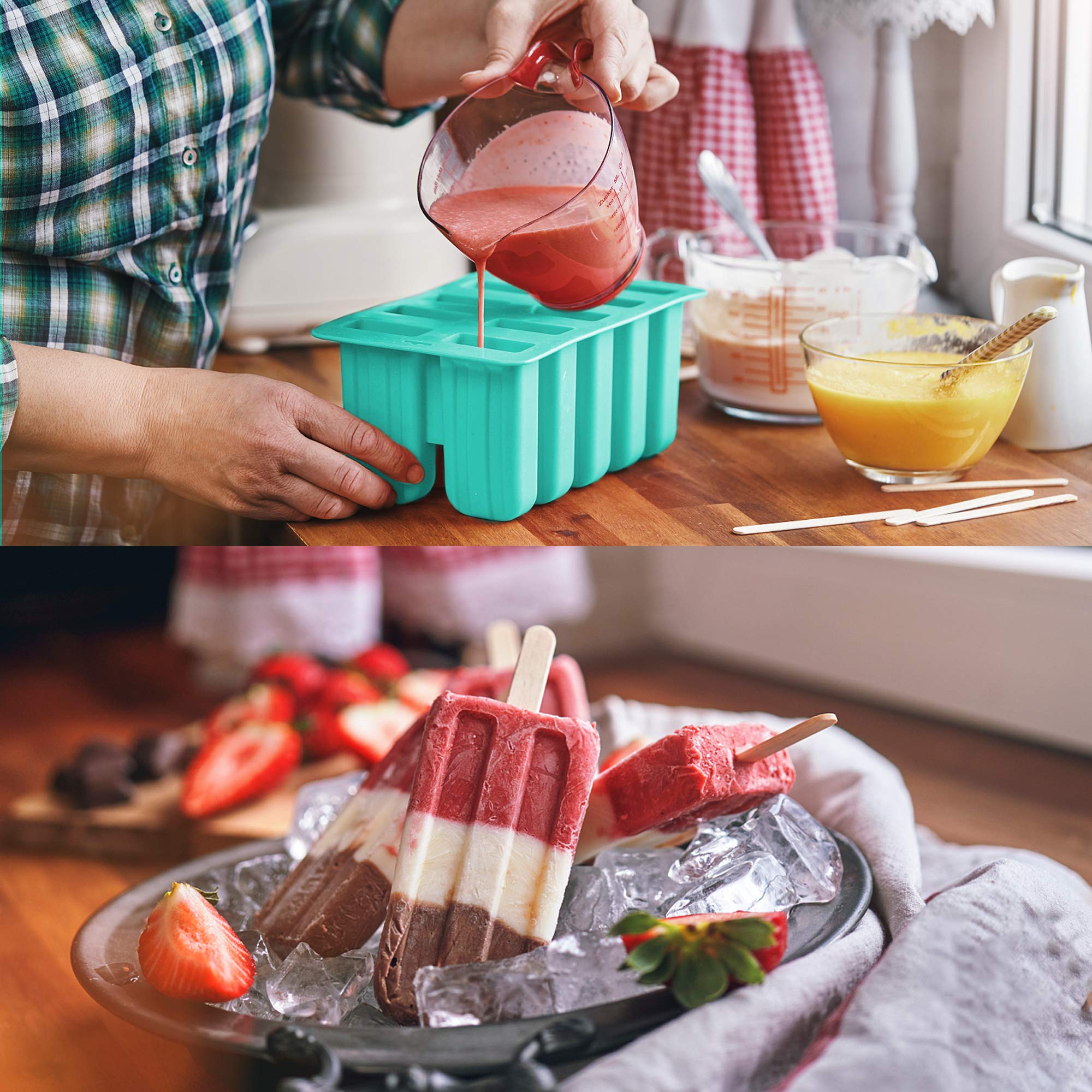 Ozera Popsicles Molds, 10-Cavity Popsicle Maker Molds Silicone Popsicle Molds, Homemade Popcical Molds Ice Pop Molds with 50 Popsicle Sticks, 50 Popsicle Bags