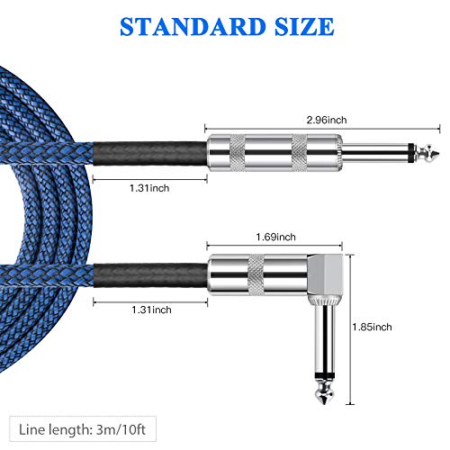 JOLGOO 1/4 Inch Cable Guitar Cable 10 Ft Straight to Right Angle 1/4 Inch 6.35mm Plug Bass Keyboard Instrument Cable Blue and Black Tweed Cloth Jacket, electric mandolin, pro audio