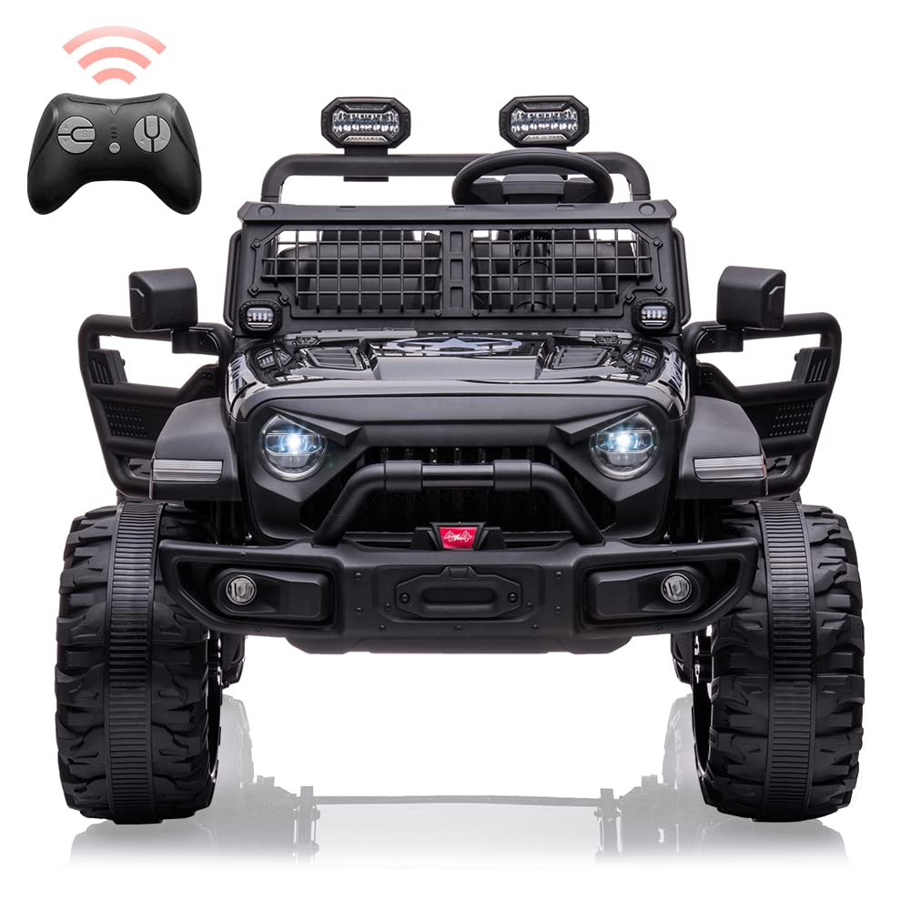 Nasitip 2 Seats Battery Powered Electric Truck with Remote Control, 24V Kids Ride on Toy with 20” Extra Width Seat, LED Headlights, Front Storage, FM, Bluetooth, USB,Black (BDM0935-BlackforVC)
