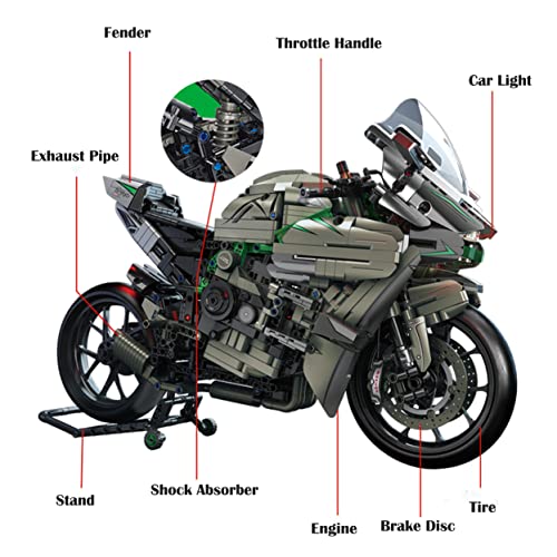 NOST Technics Motorcycle for Kawasaki H2R, 1968 pcs, 1/5, with Car Light, Motorcycle Building Bricks Toy Compatible with Lego