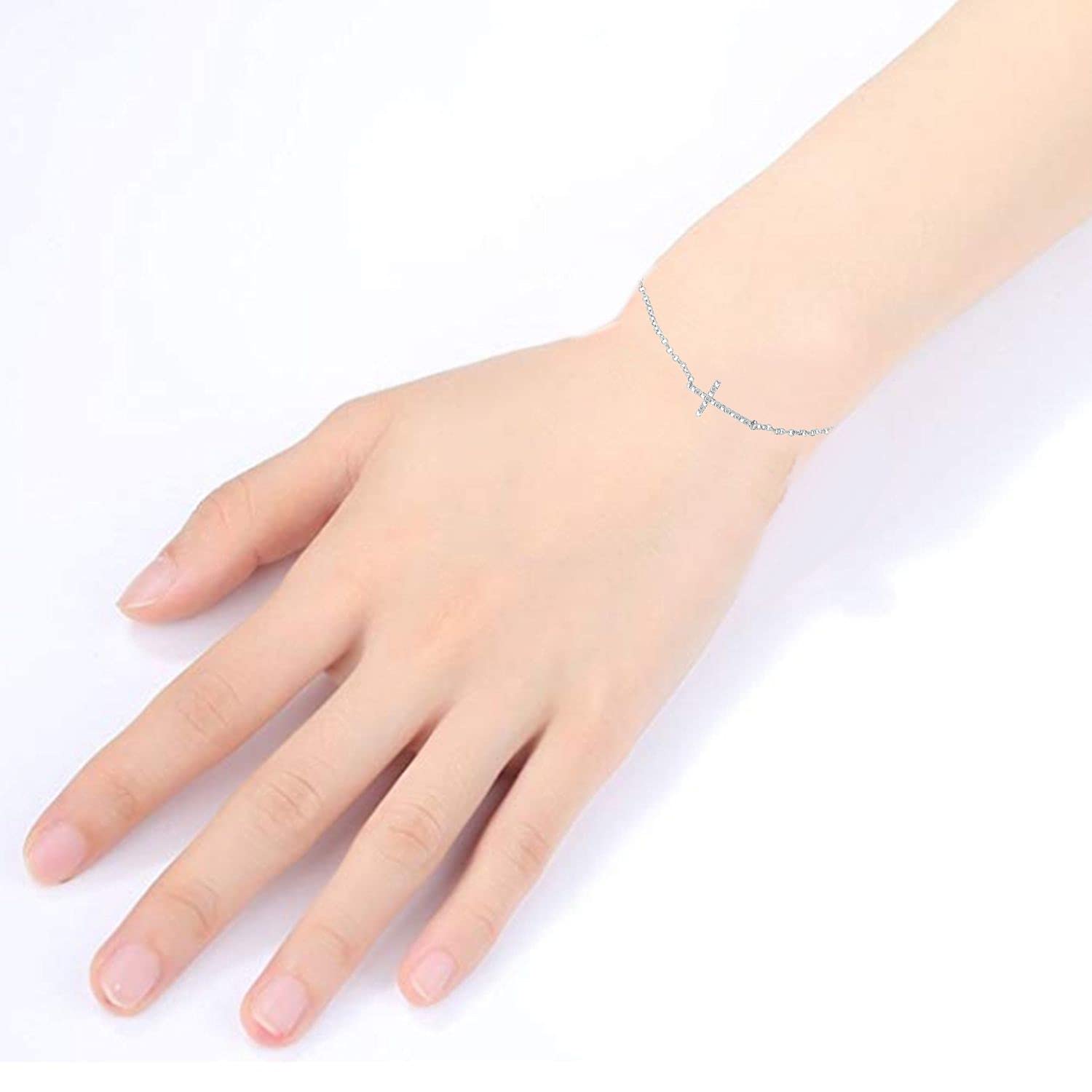 Jewelili Sterling Silver Natural White Round Diamonds Sideways Cross Bracelet