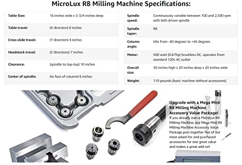 MicroLux® High Precision Heavy Duty R8 Miniature Milling Machine Only “True Inch” machine on the market, Powerful brushless 500W motor with more torque