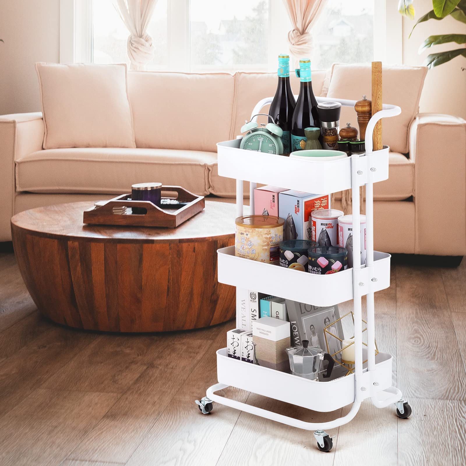KVLUAY 3 Tier Utility Rolling Cart with Handle,Metal Rolling Organization Cart,Multifunctional Storage Cart with Lockable Wheels,Suitable for Office Living Room Bathroom Kitchen (White)