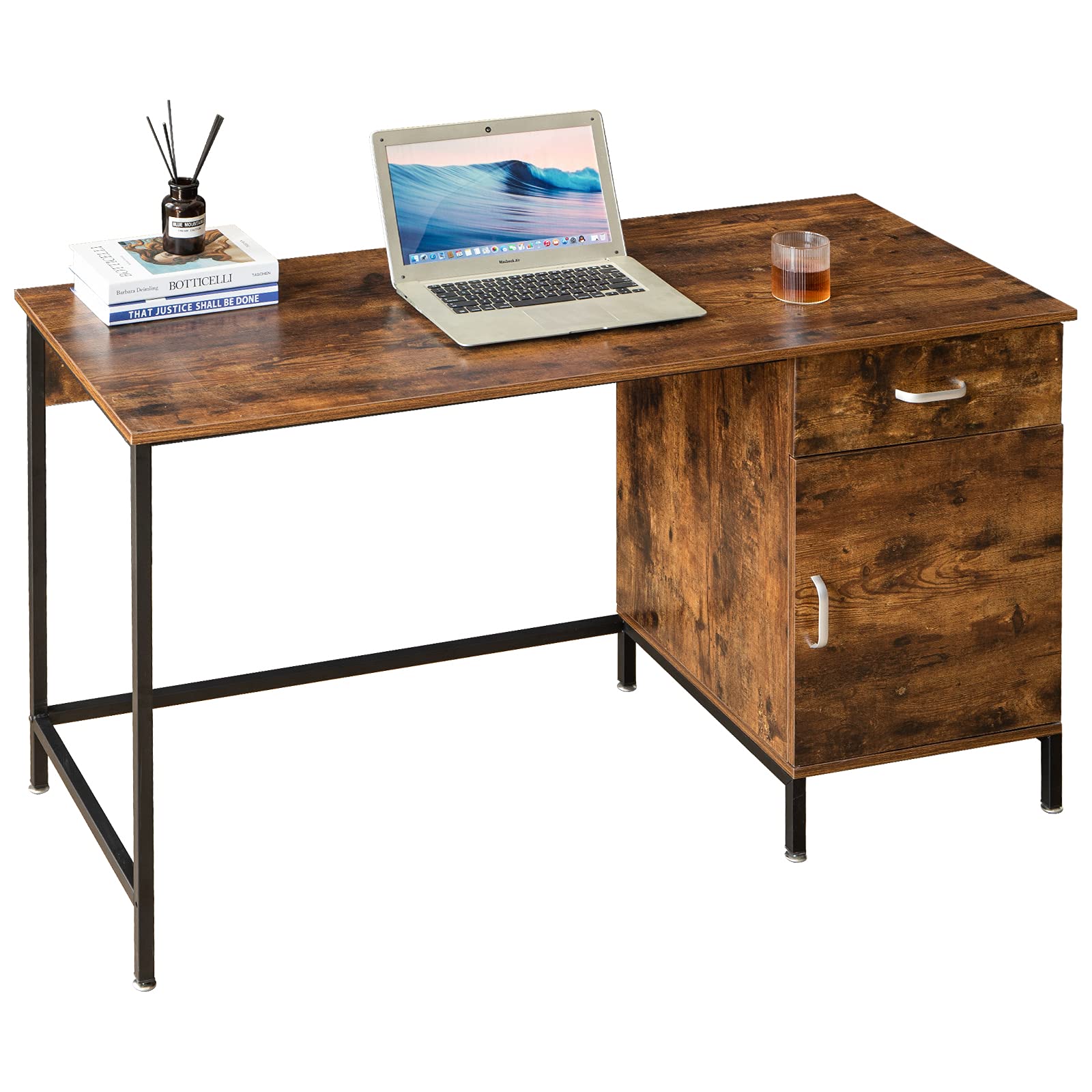 IBUYKE Industrial Computer Desk with Storage Cabinet, Modern Office Desk with Drawer, Space-Saving Corner Table Stand, Study Workstation for Home Office, Easy to Assemble, Rustic Brown UTMJ055H