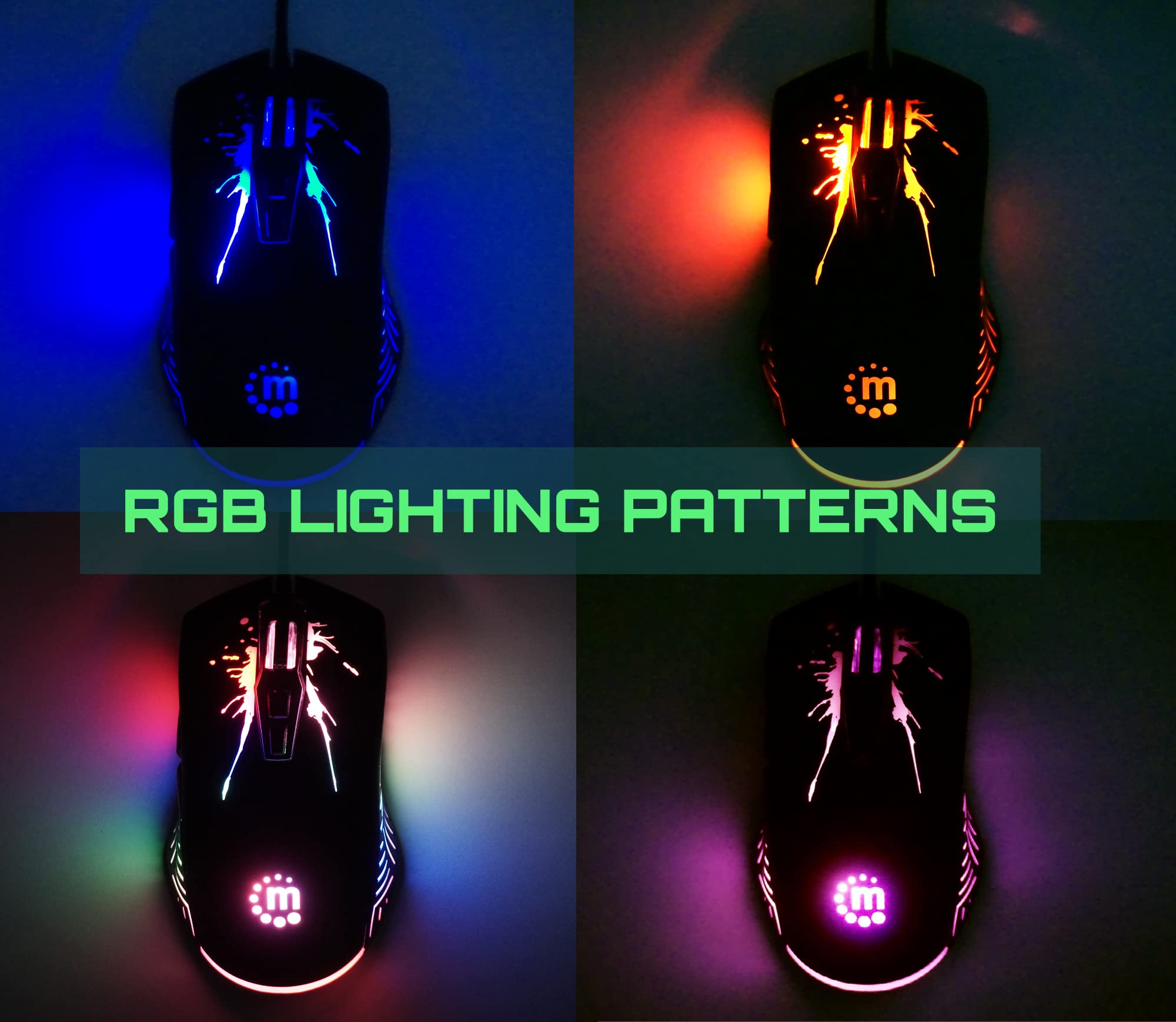 MANHATTAN Wired RGB Gaming Mouse β Long 5 ft Braided USB Cable, 7200 DPI, Ergonomic Gamer Optical Mouse with Light Up LED -for Windows PC and Laptop Computer- Black β 3 Yr Mfg Warranty β190121