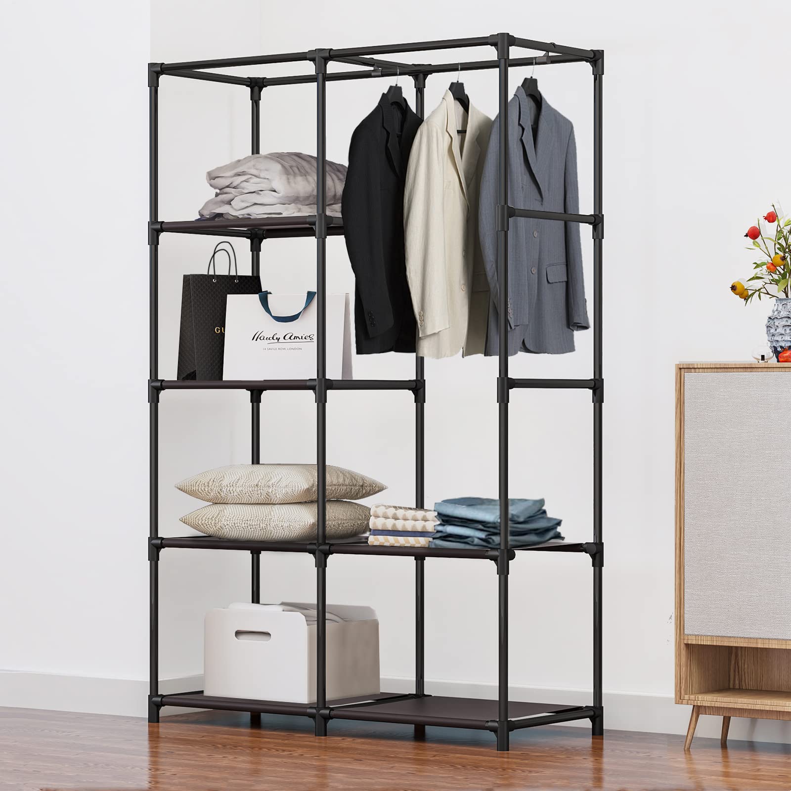 INGIORDAR Portable Closet Wardrobe Organizer Storage with Cover Non-Woben Fabric Portable Wardrobe Closet for Hanging Clothes Racks Shelving 34 Inch for Bedroom, Coffee