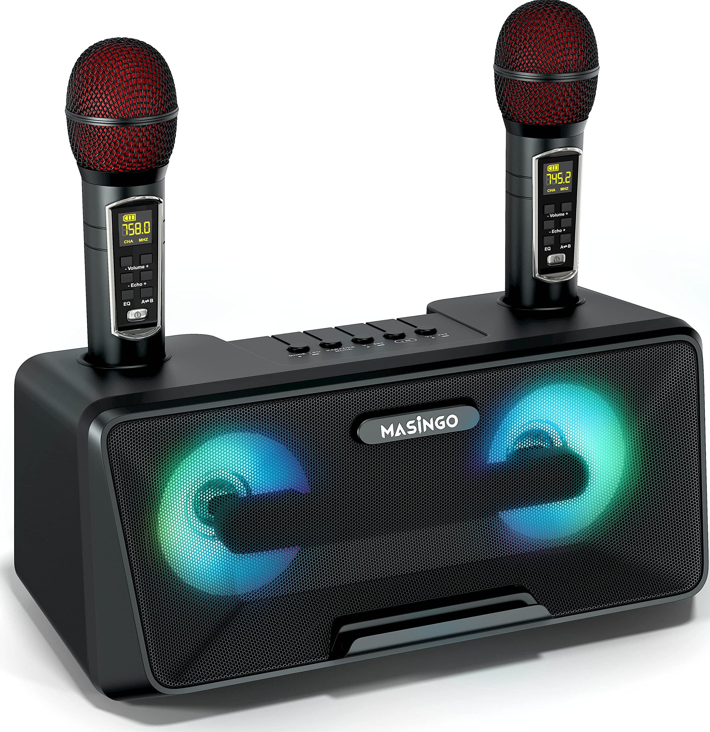 MASINGO Karaoke Machine for Adults and Kids, Wireless Microphones, Portable Bluetooth Singing Speaker, Lyrics Display Holder & TV Cable, Black