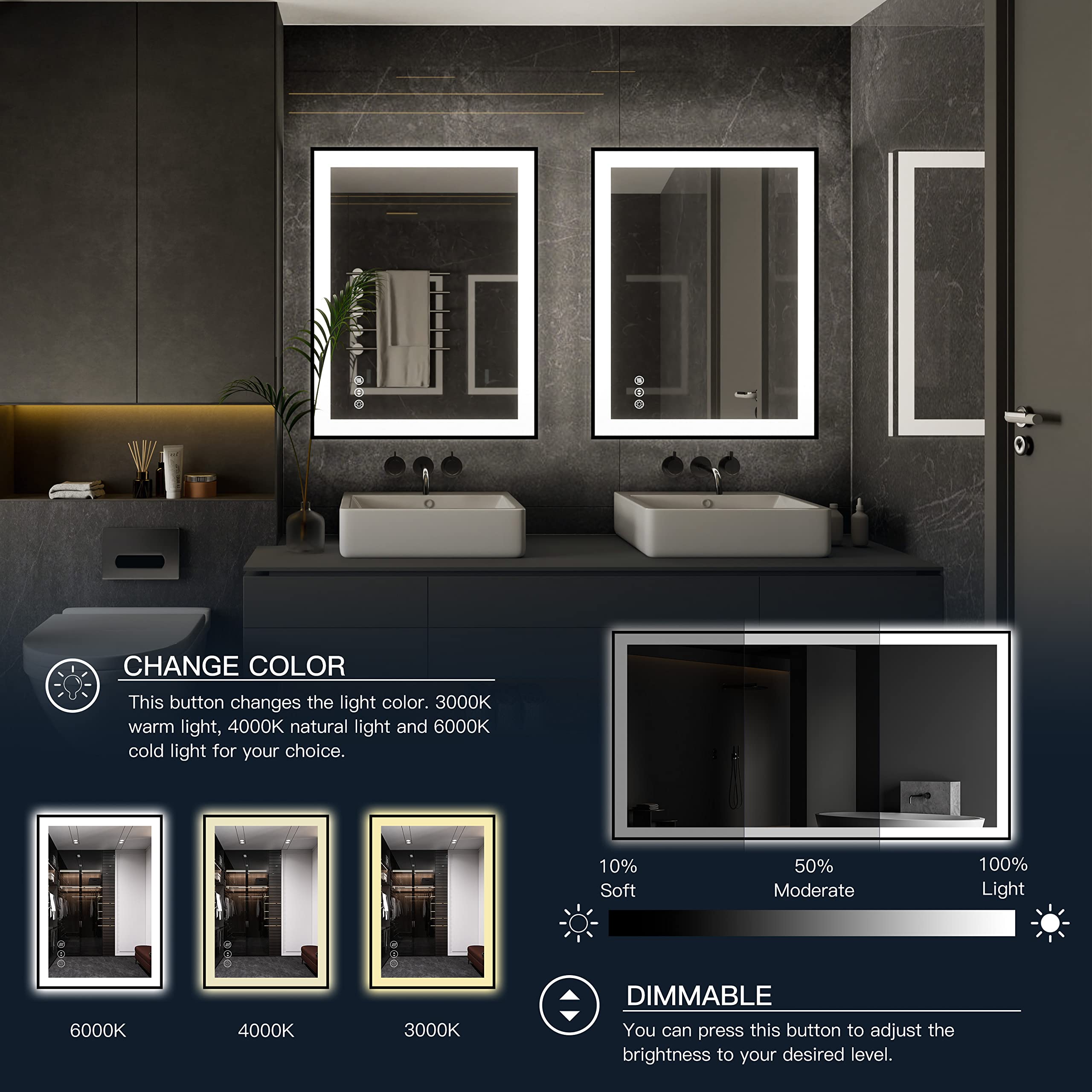 ISKM LED Mirror for Bathroom 40x24 Inch, Framed Adjustable Backlit and Front Lighted Anti-Fog Wall Mounted Mirror with Memory Function, Shatterproof and Waterproof