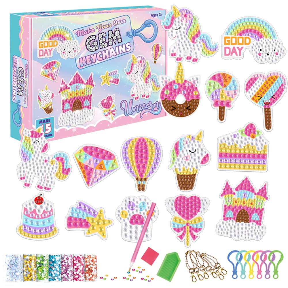 kungerlly 15 PCS Arts and Crafts GEM Keychains for Kids Ages 8-12,Diamond Painting Keychains Kits by Number,Mosaic Toys and Gifts for Girls Ages 3-5 4-6 6-8 (Unicorn Donut Set)