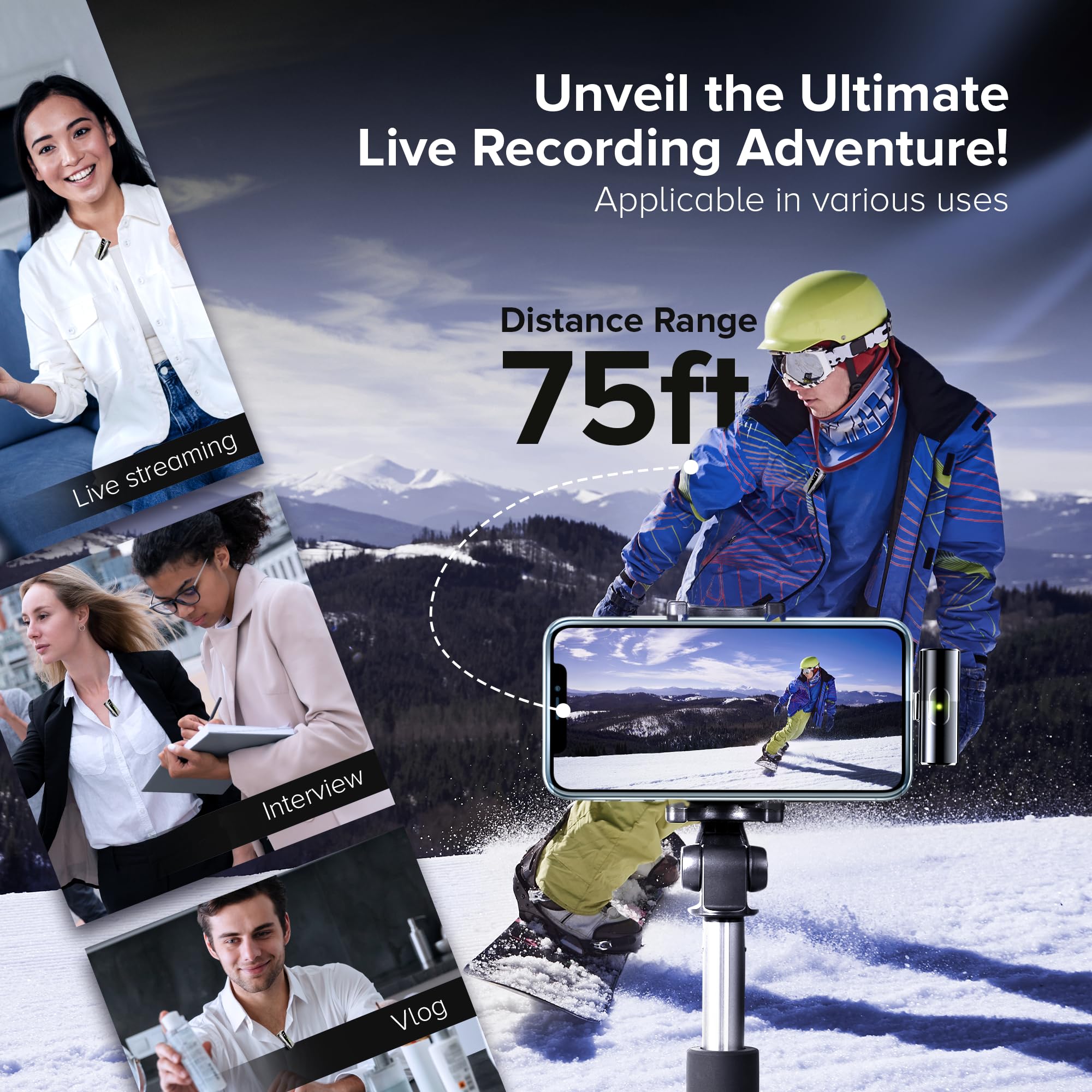 NOUVALEO 2 Pack Wireless Lavalier Microphone for iPhone iPad Android Phones with Charging Case- 24H Clip-on Lapel Mic for Video Recording YouTube Vlog TikTok, 75Ft, Smart Noise Canceling