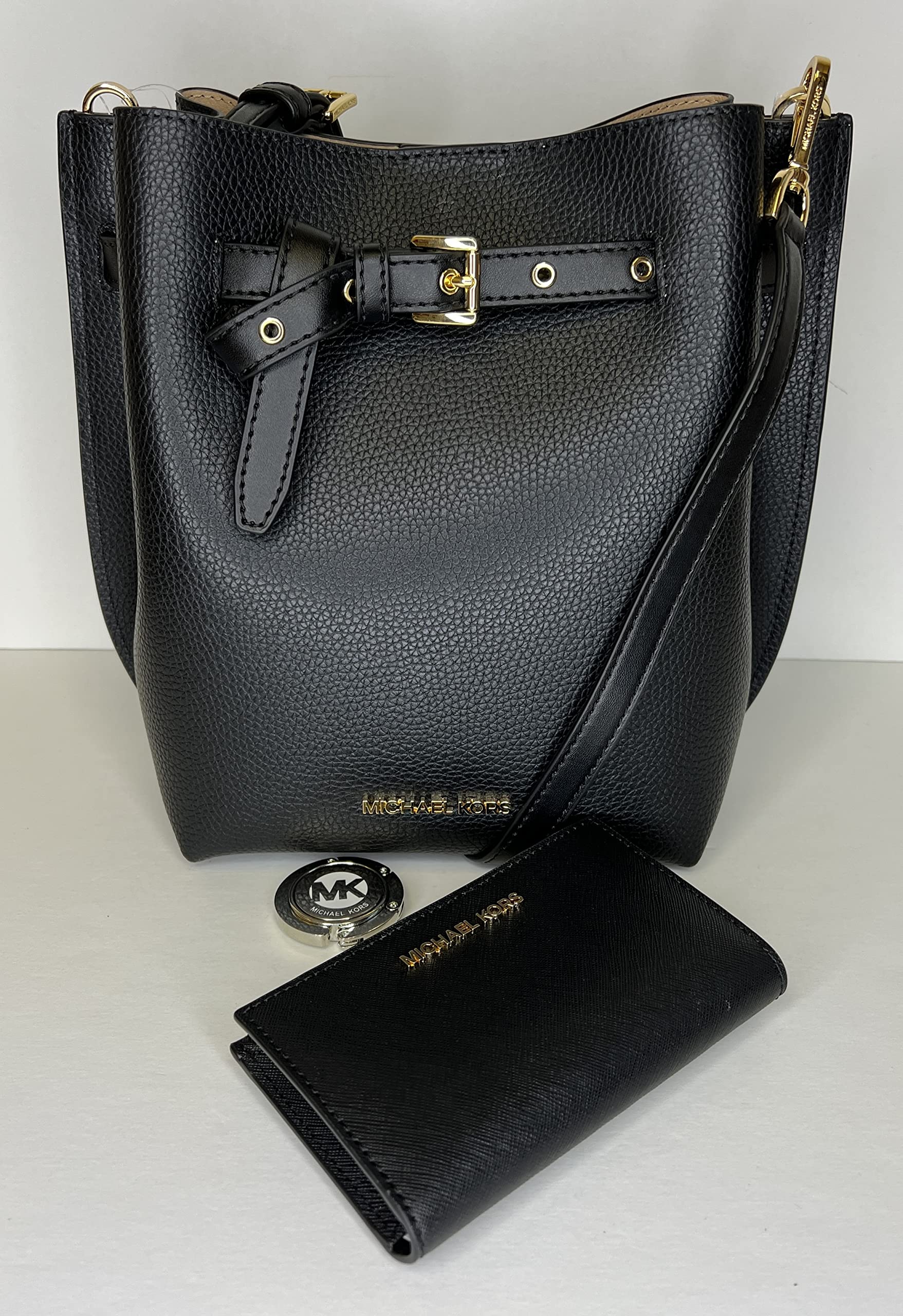 Michael Kors MICHAEL Michael Kors Emilia SM Bucket Bag Messenger Crossbody bundled with SM Zip Card Case Purse Hook (Black)