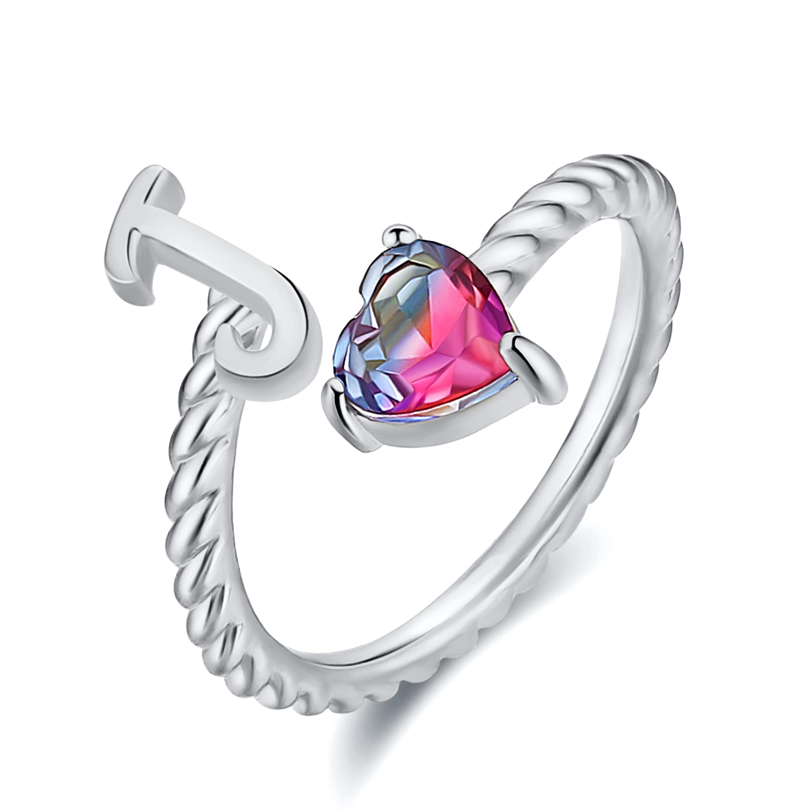 KRKC Adjustable Initial Ring, White Gold Plated Statement Rings with Tourmaline Gemstone, Personalized Letter Stacking Ring Alphabet A to Z for Women