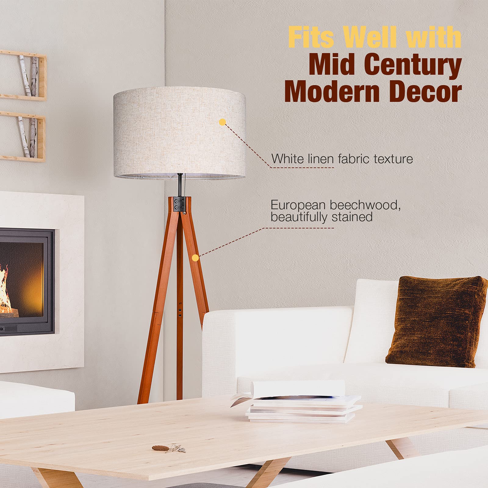 Isloys Wood Tripod Floor Lamp, 3 Color Temperatures Mid Century Modern Boho Floor Lamp, Tall Standing Lamps for Living Room Bedroom Office, Flaxen Lamp Shade with E26 Lamp Base