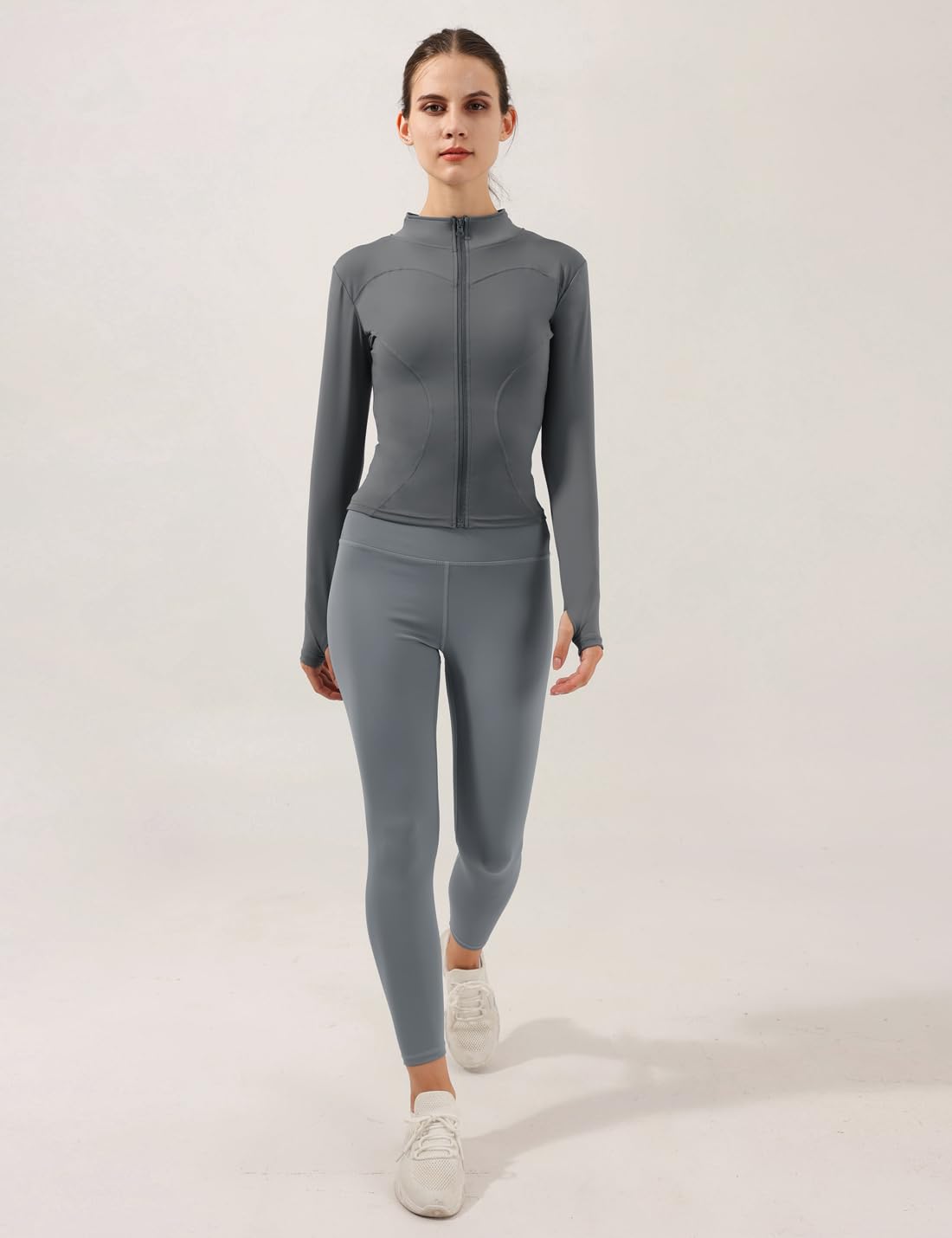 Locachy Women's Lightweight Stretchy Workout Full Zip Running Track Jacket with Thumb Holes Grey L