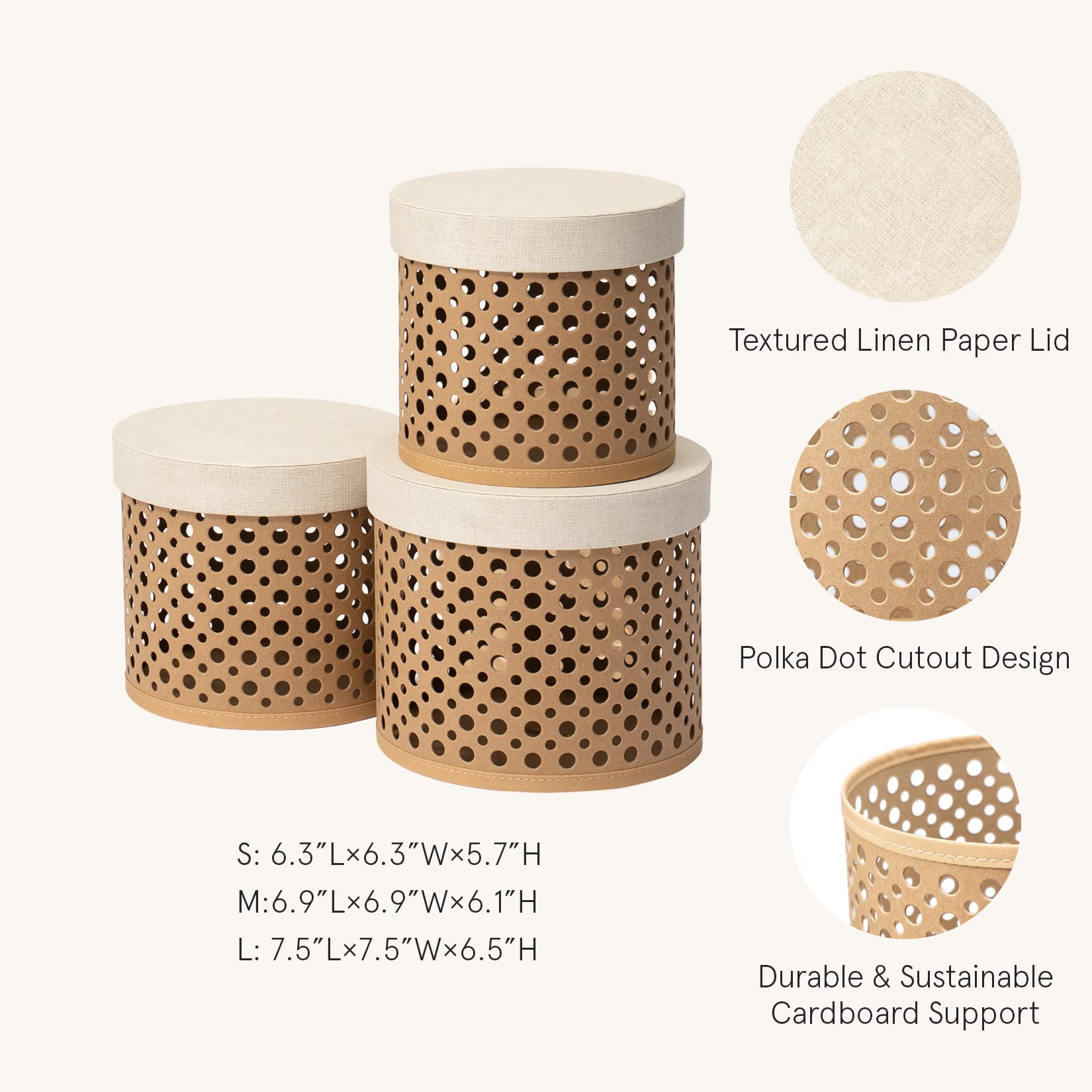 LA JOLIE MUSE Decorative Round Storage Boxes Set of 3, Polka Dot Cutout Baskets with Lids, Desktop Storage Organizer, Gift Baskets with Linen Paper Lids, Brown Baskets, Beige Lids