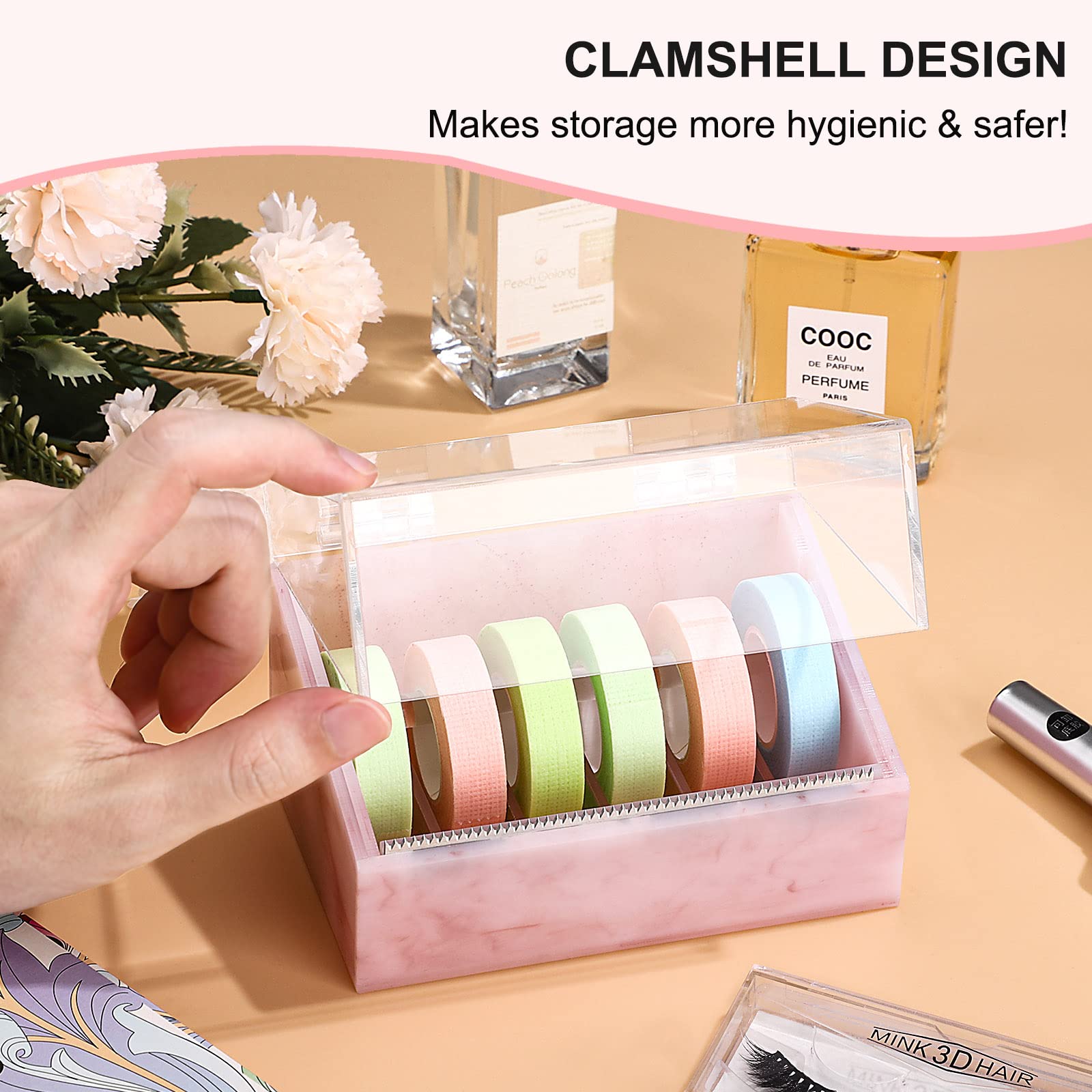 Noverlife 6 Grids Dustproof Eyelash Tape Dispenser, Marble False Eyelash Tape Cutter Roll Tape Holder, Adhesive Eyelash Extension Tape Separator Storage Box, Lash Extension Tape Cutting Machine