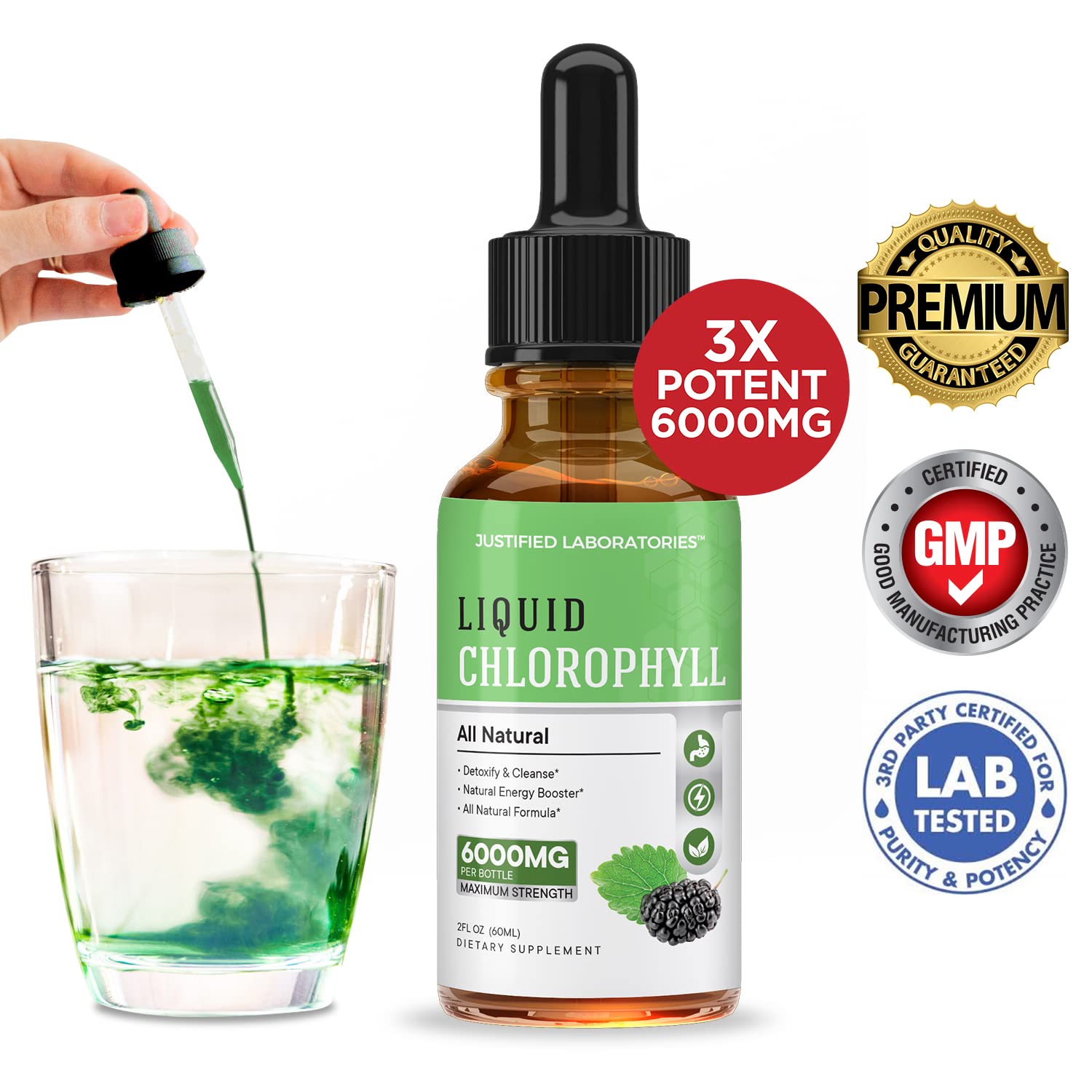Justified Laboratories Liquid Chlorophyll Drops 6000MG Maximum Strength Green Concentrate Packed with Antioxidants Minerals and Vitamins 2 FL OZ Bottle (3 Bottles)