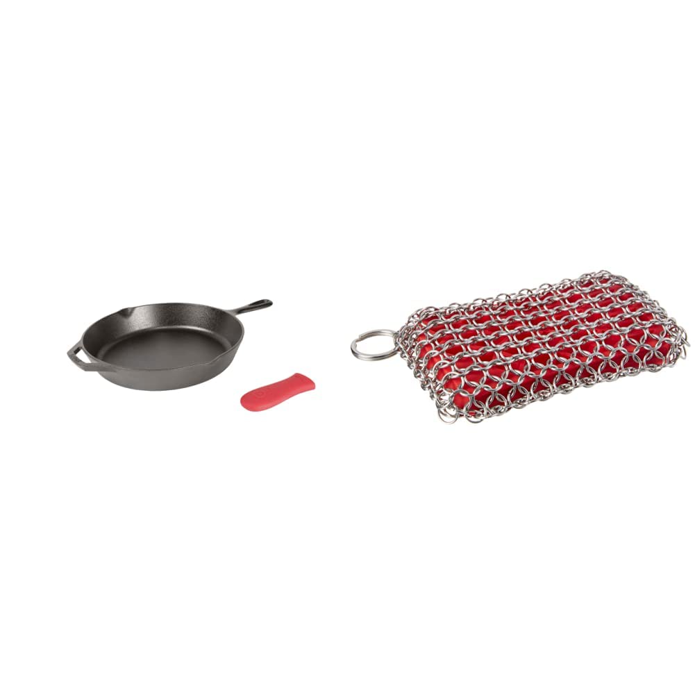 Lodge Cast Iron Skillet with Red Silicone Hot Handle Holder, 12-inch & Scrubbing pad, One, Red