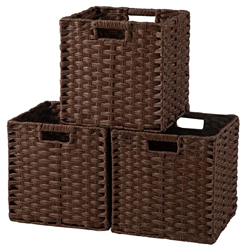 joybest Wicker Baskets for Shelves, Wicker Cube Storage Bins, 12L×12H×11.5W inch Storage Basket Cube with Handles for Pantry, Bedroom, Living Room, Nursery Room 3Pack