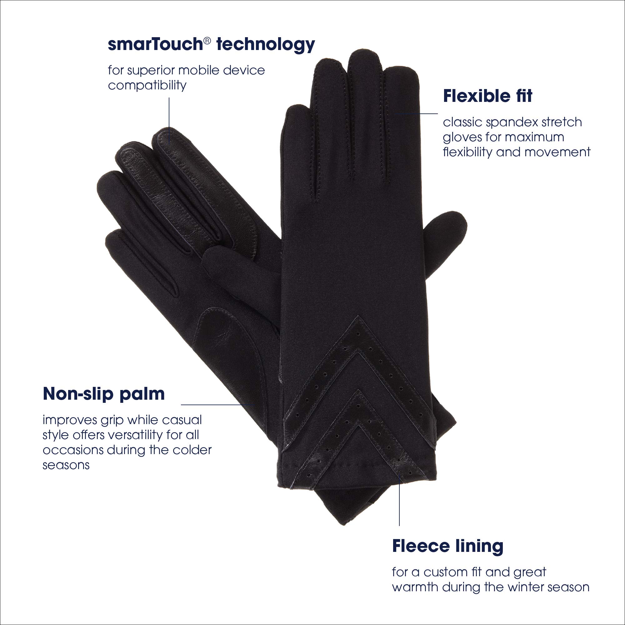 isotoner womens Spandex Touchscreen Cold Weather With Warm Fleece Lining and Chevron Details Winter Gloves, Black, Large X-Large US