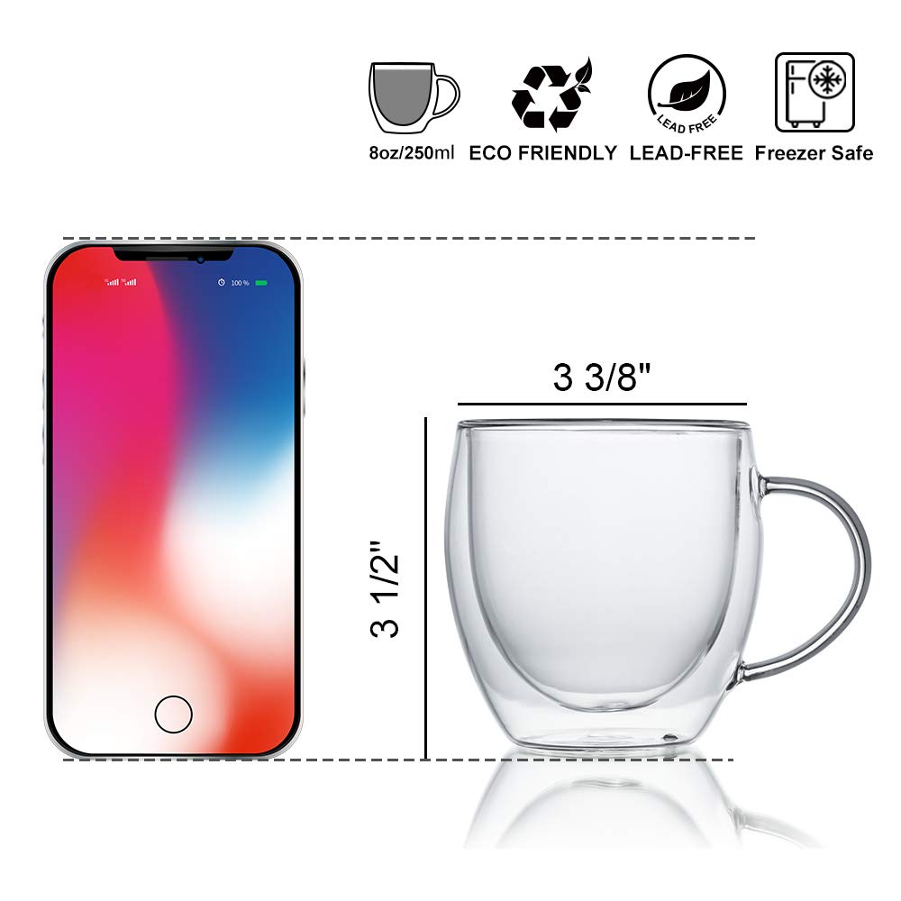 KitchenTour Insulated Coffee Mug 8 oz- Double Wall Glass Coffee Cup with Handle Set of 4 - Clear Glass Drinkware for Espresso,Cappuccino, Latte,Hot Beverages